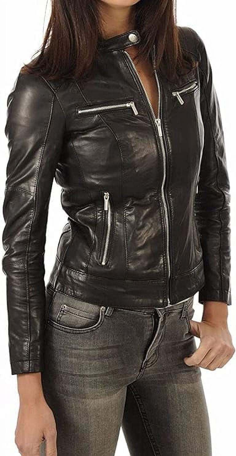Womens Genuine Lambskin Leather Jacket Motorcycle Biker Leather Jacket W067 - Walmart.com