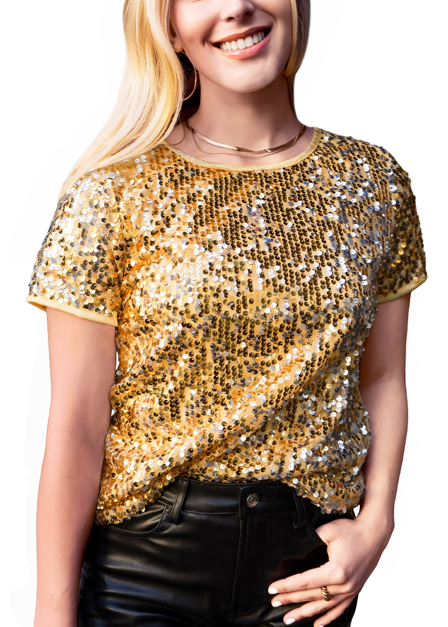 Womens Glitter Full Sequin Top Short Sleeve Round Neck Casual Sparkly ...