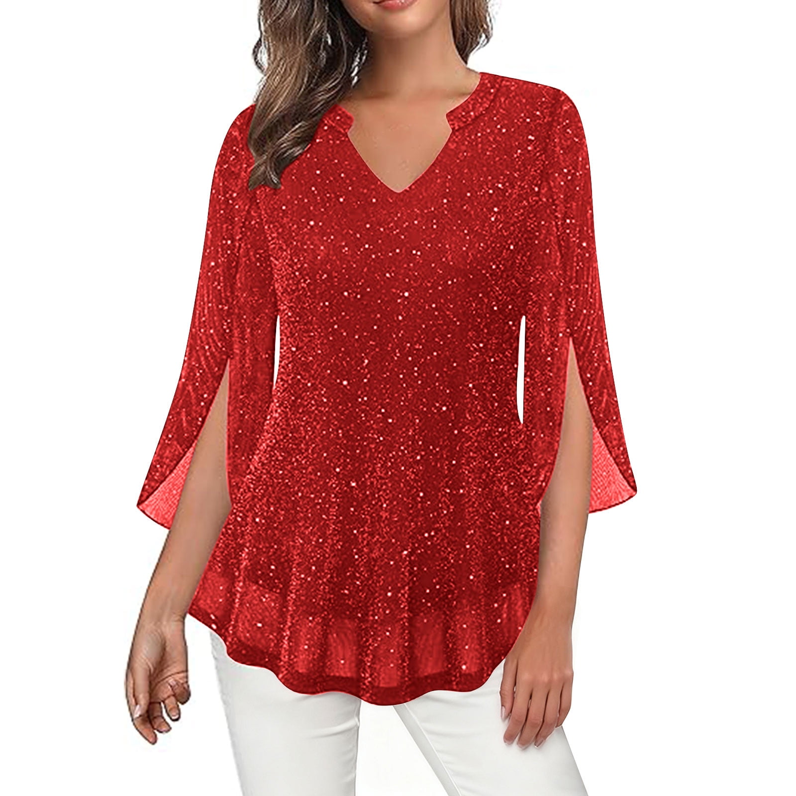 Womens Glitter Tops 3/4 Ruffle Sleeve Sequin V Neck Blouses Dressy ...