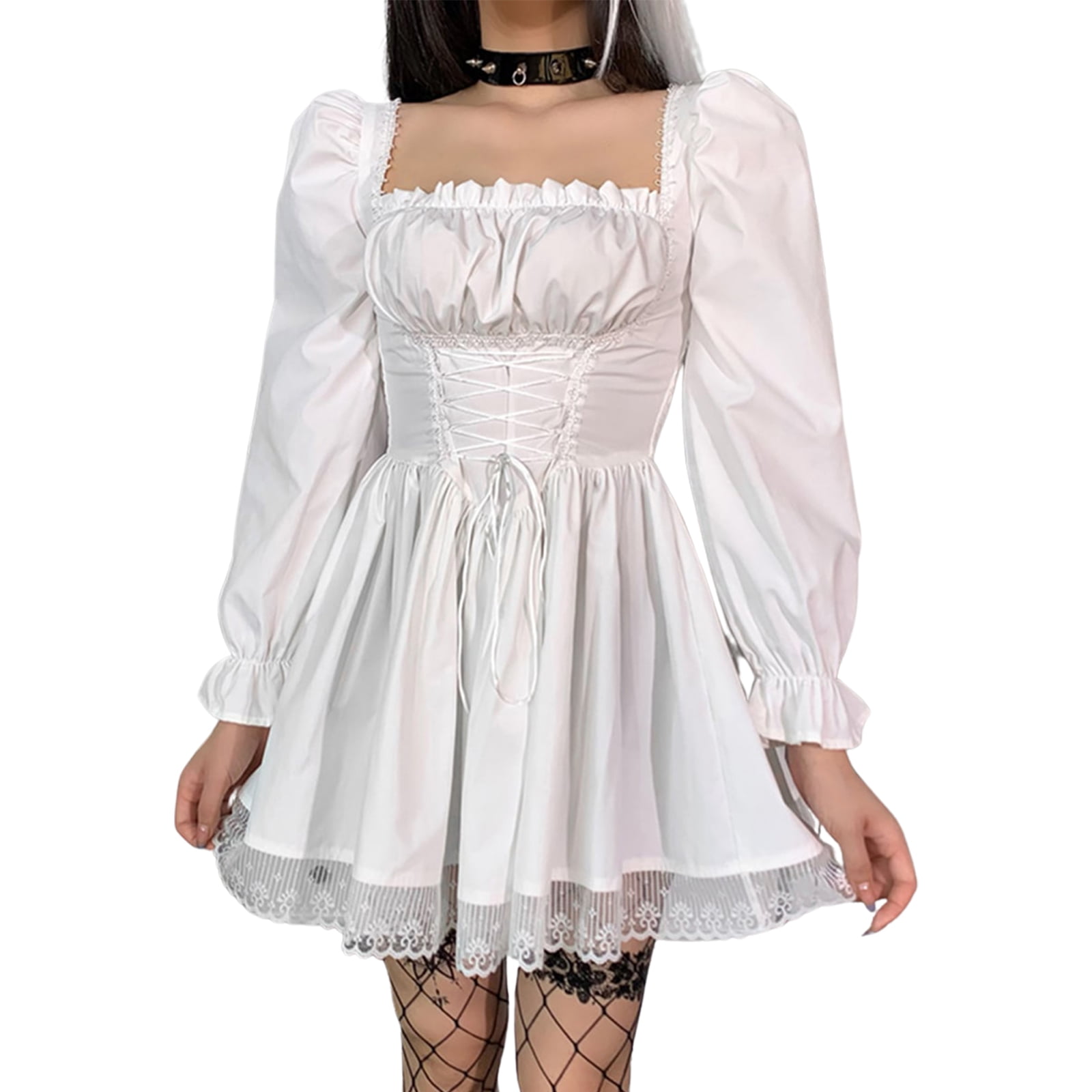 Womens Gothic Lolita Mini Dresses Vintage Punk Puff Sleeve A Line Swing ...