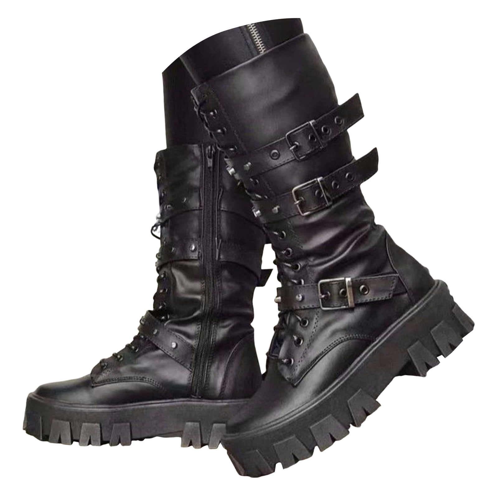 Womens Gothic Punk Platform Boots Chunky Heel Lace up Combat Long ...