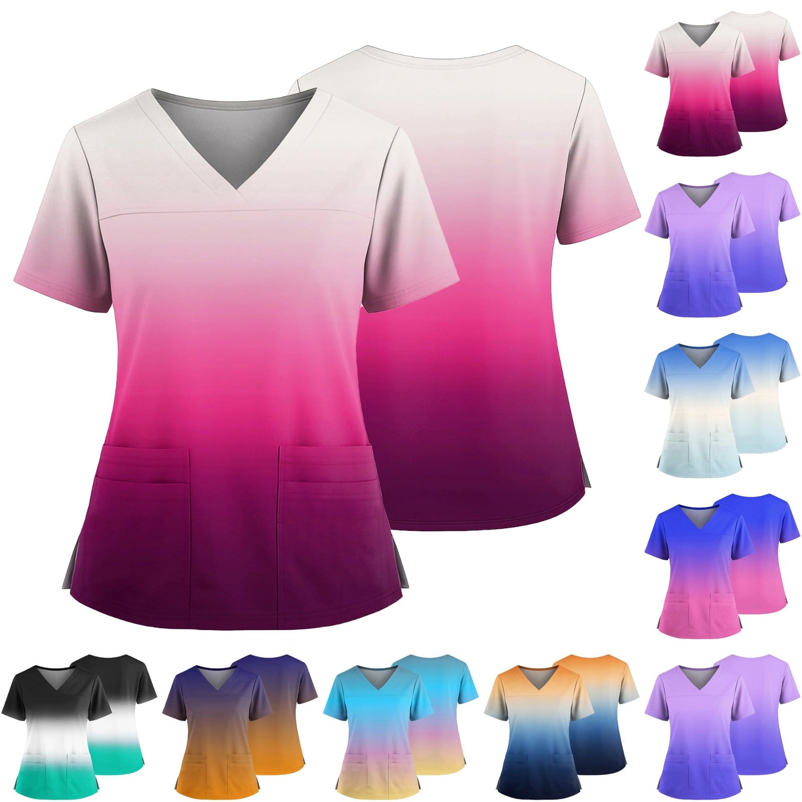 Womens Gradient Color Vneck Scrub Tops Short Sleeve Work Scrubs Summer ...