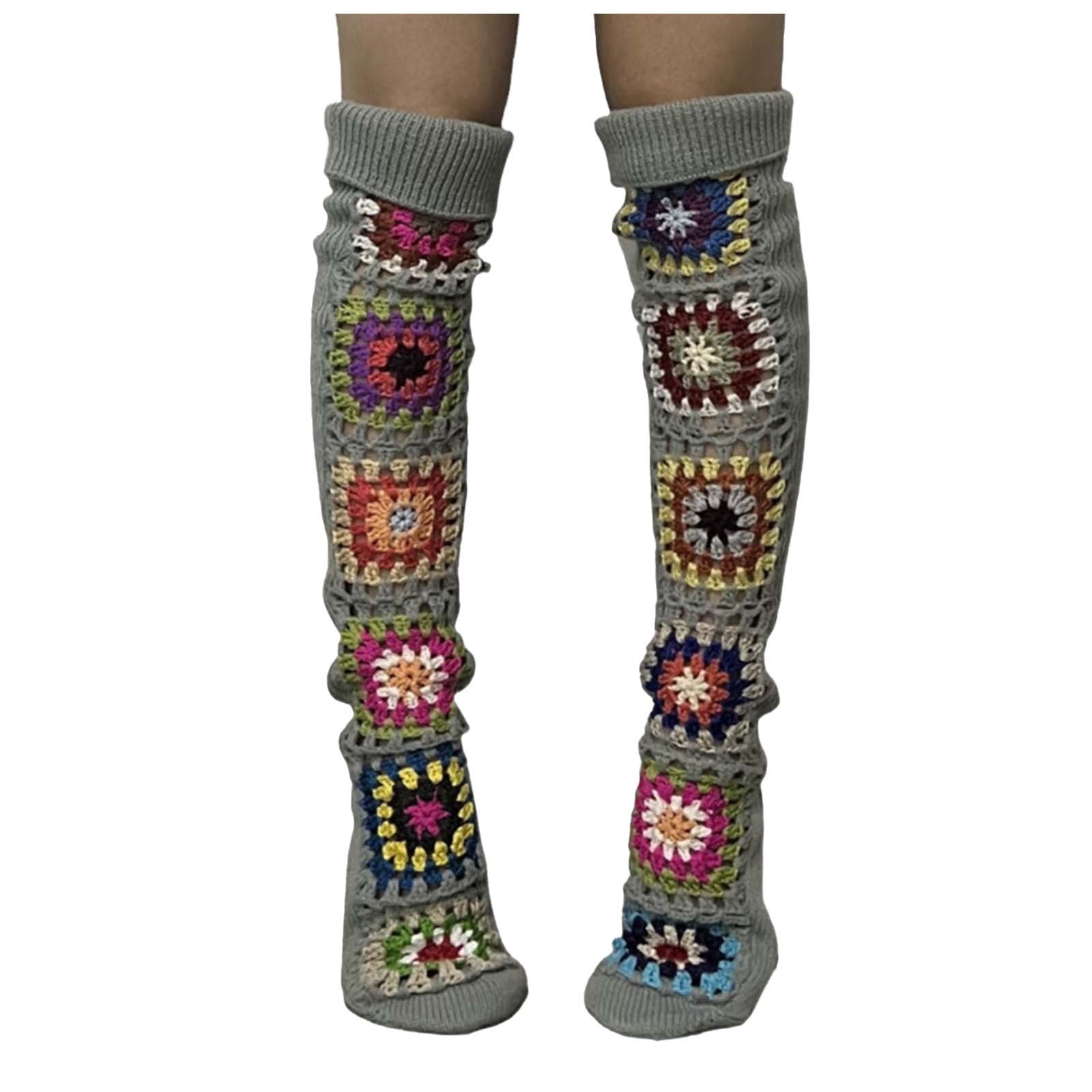 Womens Granny Square Over Knee High Socks Crochet Knitted Stockings ...