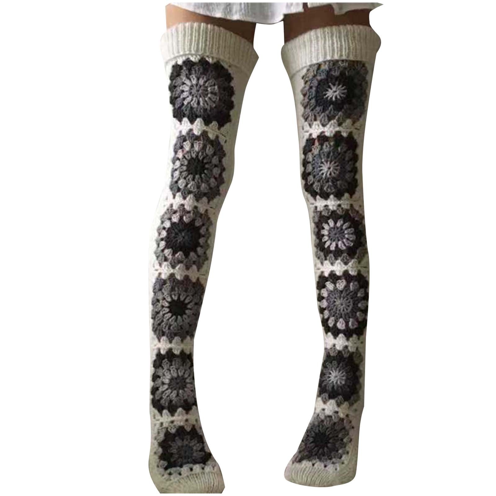 Womens Granny Square Over Knee High Socks Crochet Knitted Stockings ...