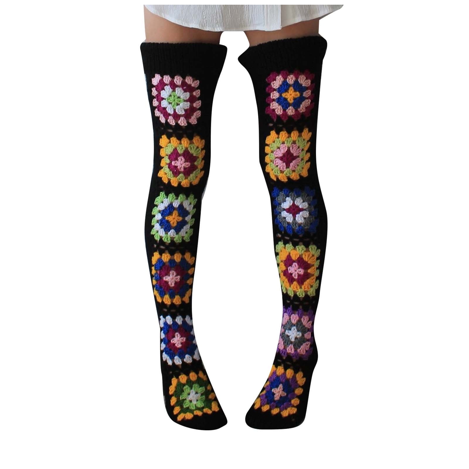 Womens Granny Square Over Knee High Socks Crochet Knitted Stockings ...