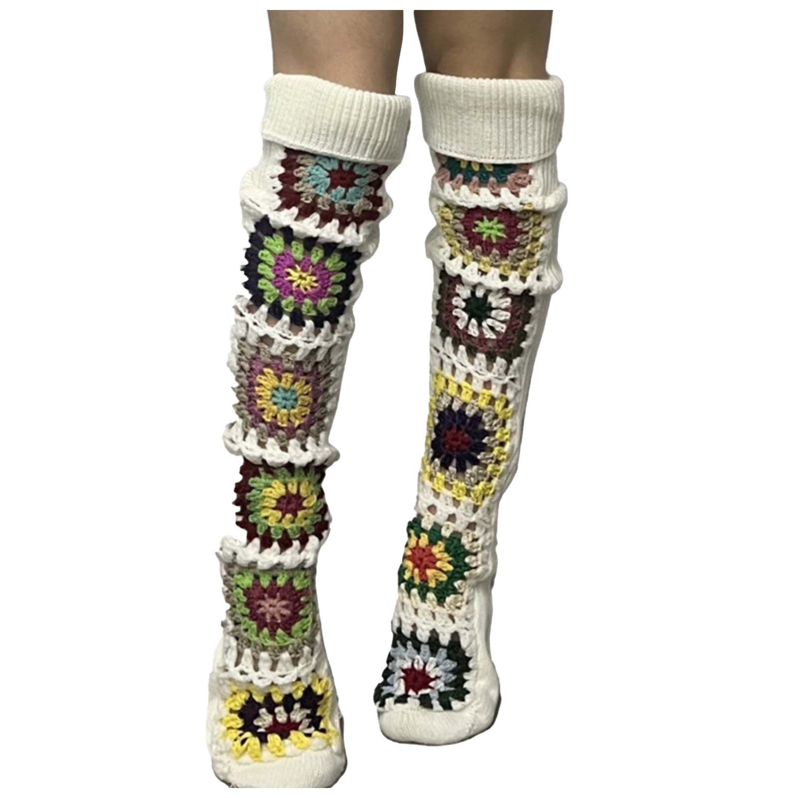 Womens Granny Square Over Knee High Socks Crochet Knitted Stockings ...