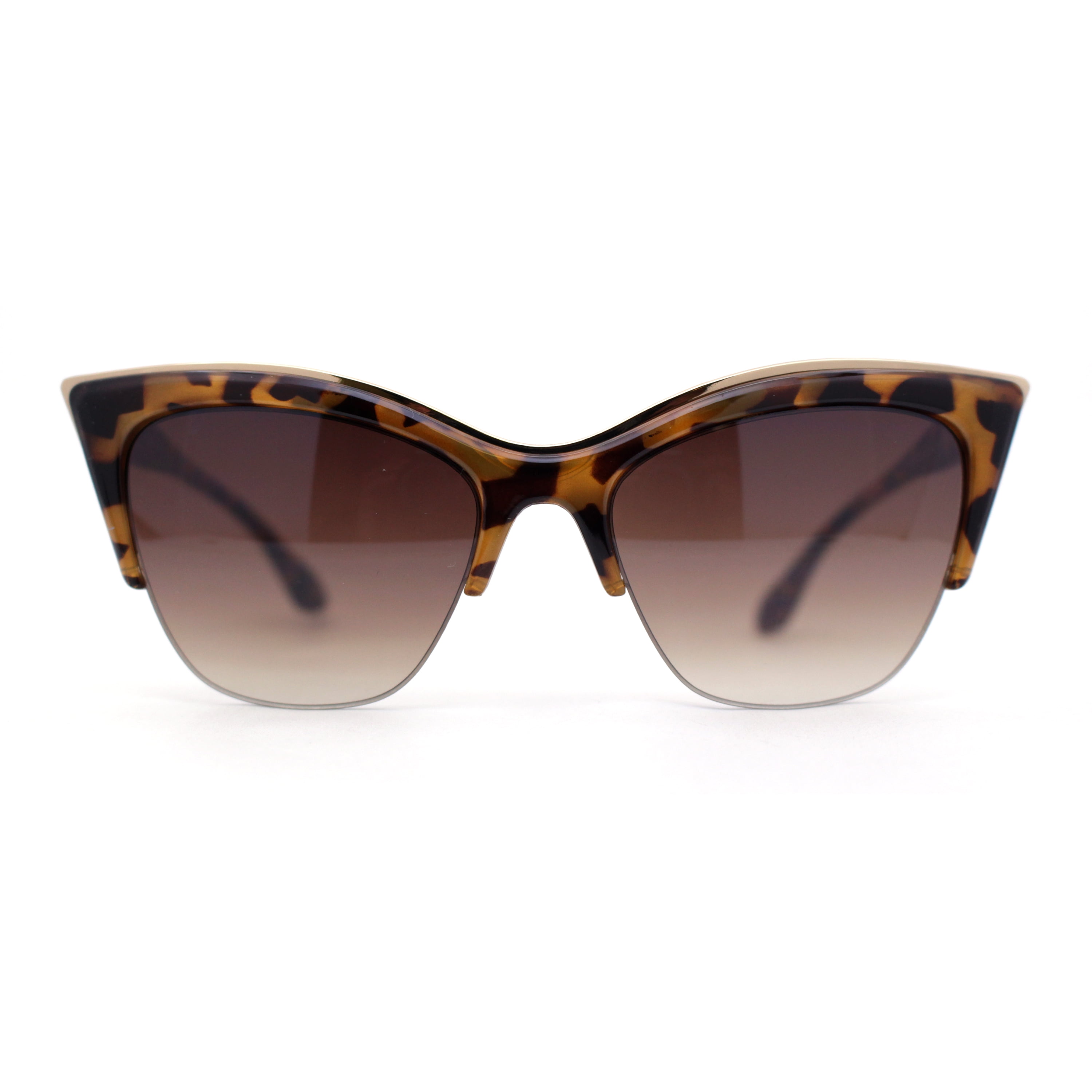 Womens Half Rim Elegant Metal Brow Designer Cat Eye Sunglasses Tortoise ...