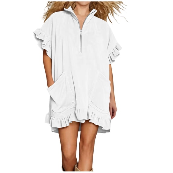 Womens Half Zip Sweatshirt Dresses Ruffle Hem Cap Sleeve Mini Dress ...