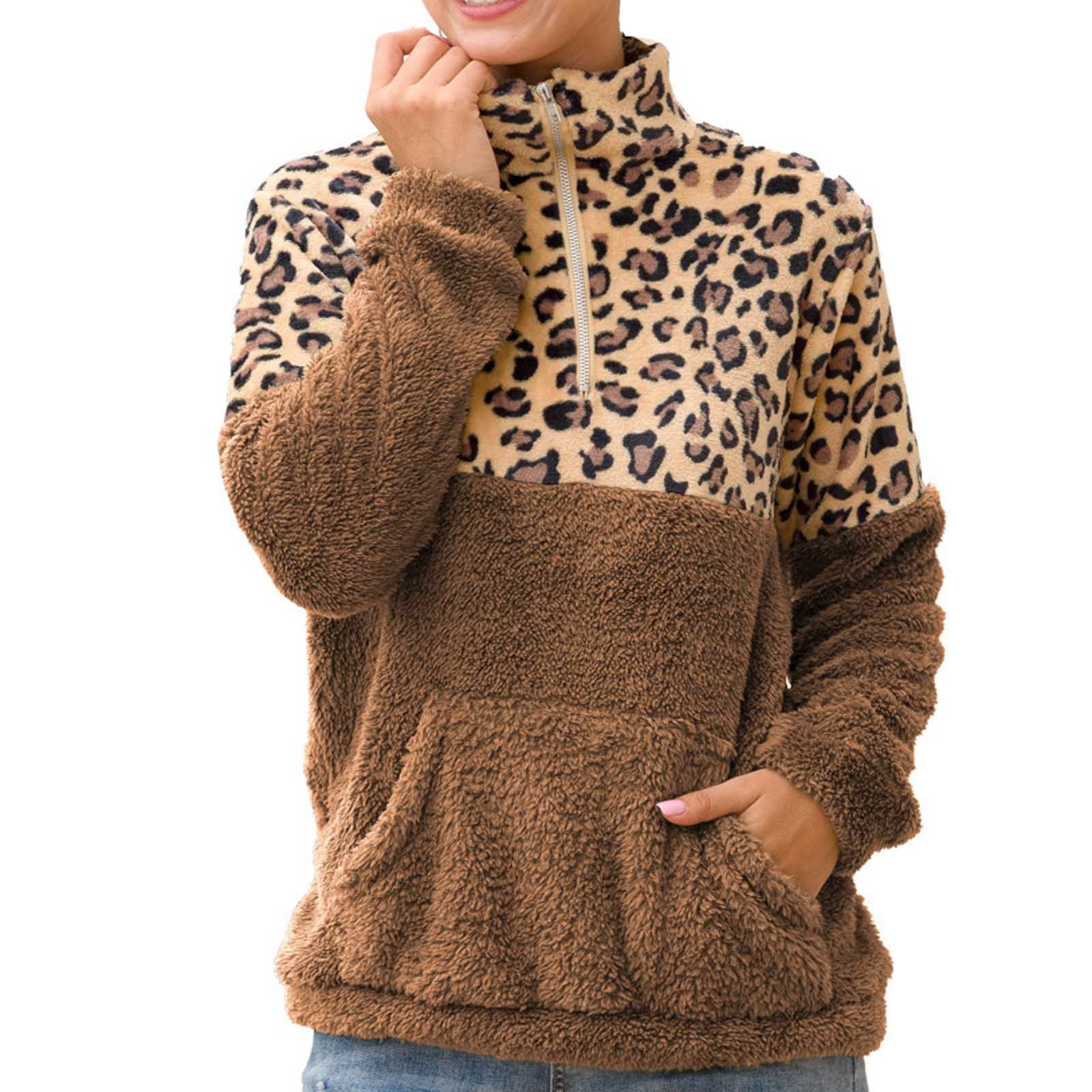 Womens Half Zip Sweatshirts Sherpa Leopard Print Patchwork Long Sleeve ...