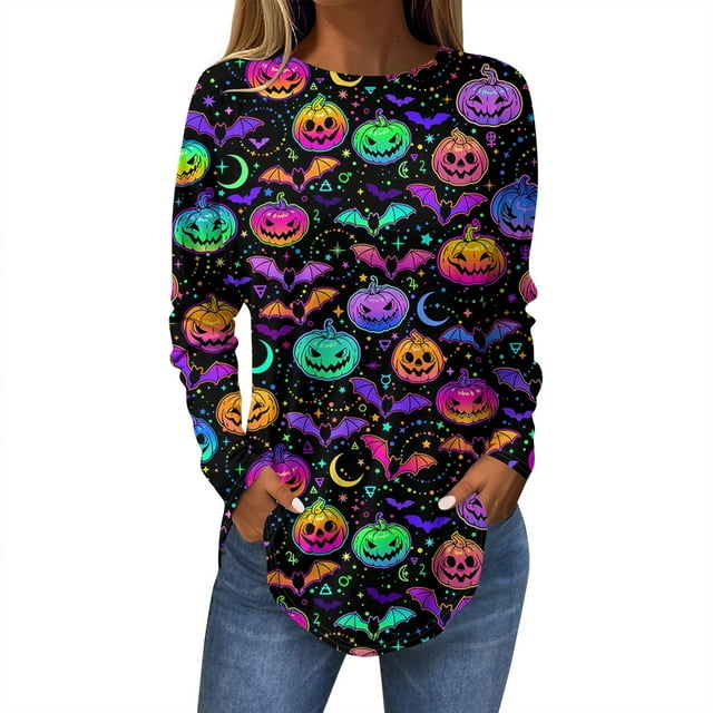 Womens Halloween Costumes 2024 Plus Size Pumpkin Bats Print T Shirts