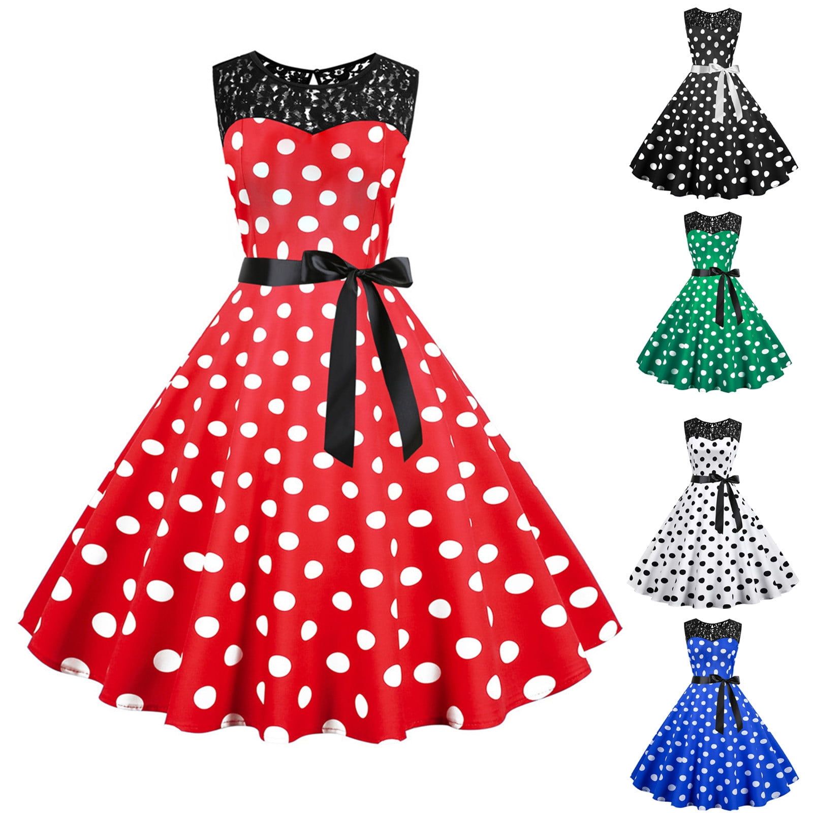 Womens Halloween Costumes Womens Polka Dot Dresses Crew Neck Sleeveless Lace Patchwork Dress