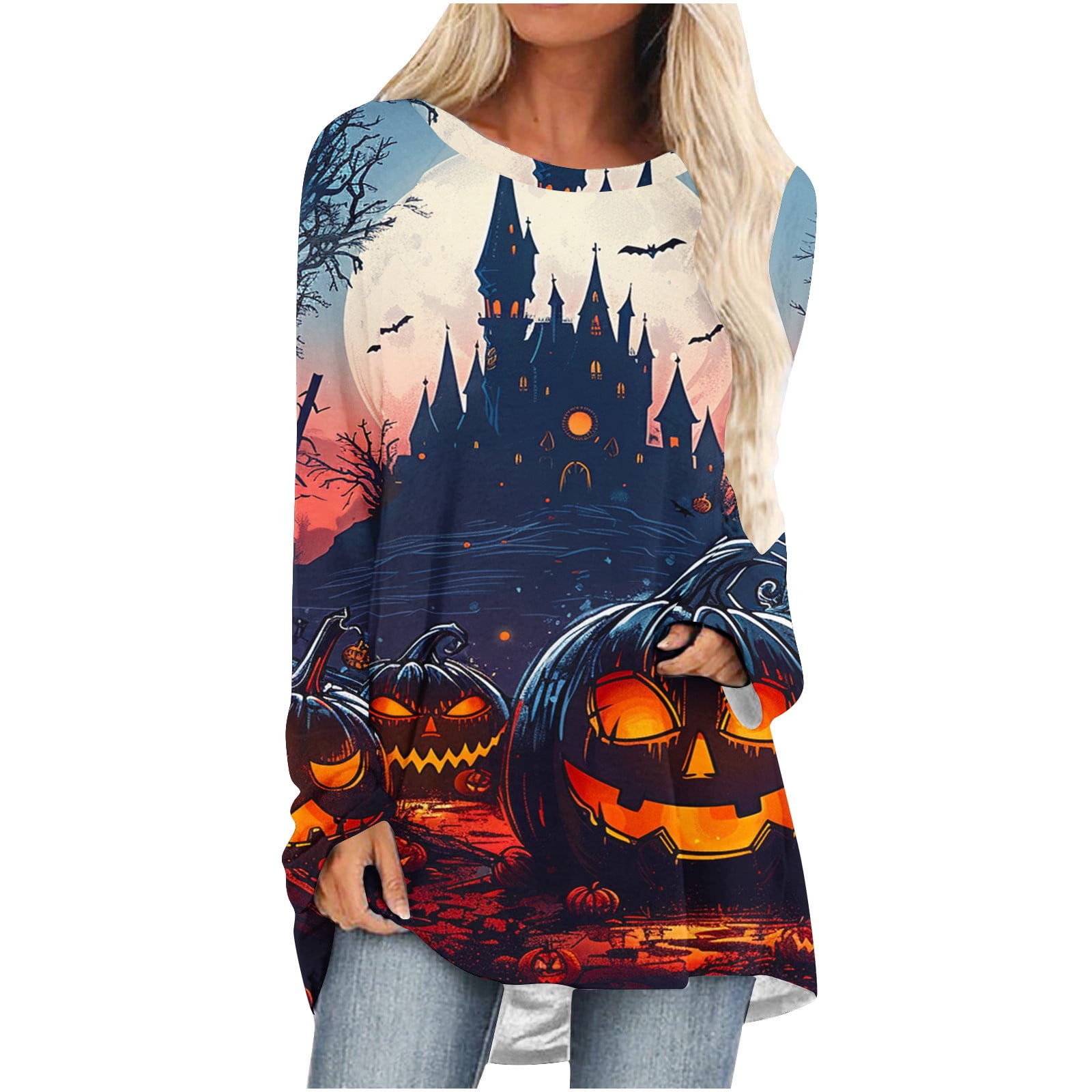 Womens Halloween Tunic Tops Ghost Graphic Shirts Flowy Long Sleeve ...