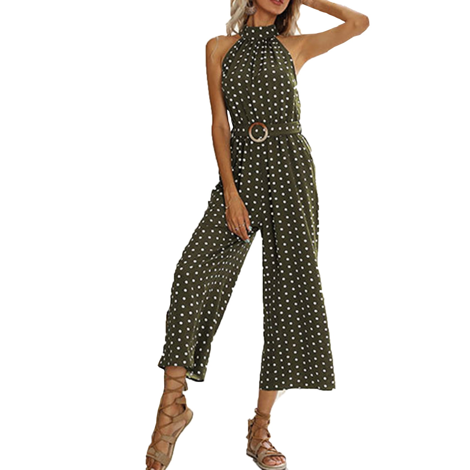Womens Halter Neck Jumpsuit Polka Dot Fashion Belted Wide Leg Rompers ...