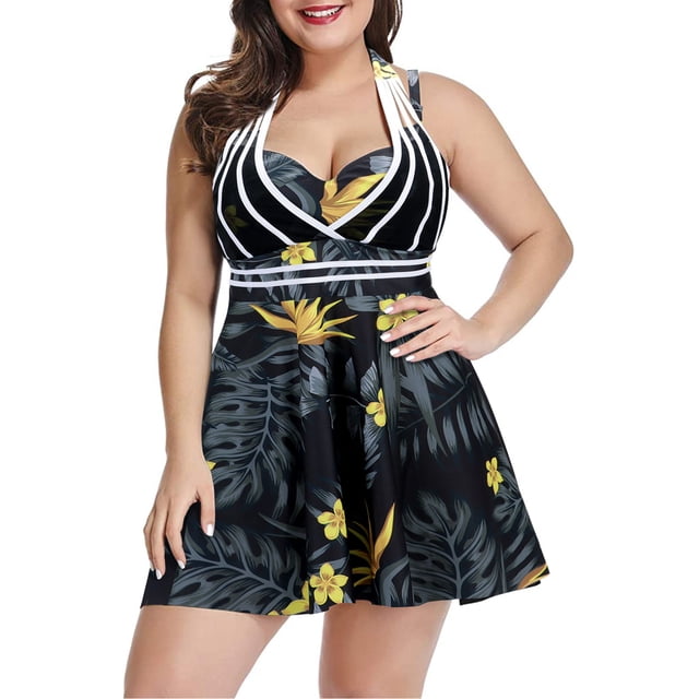 Womens Halter Swimdress Plus Size Two Piece Swimsuit Tankini Set ...