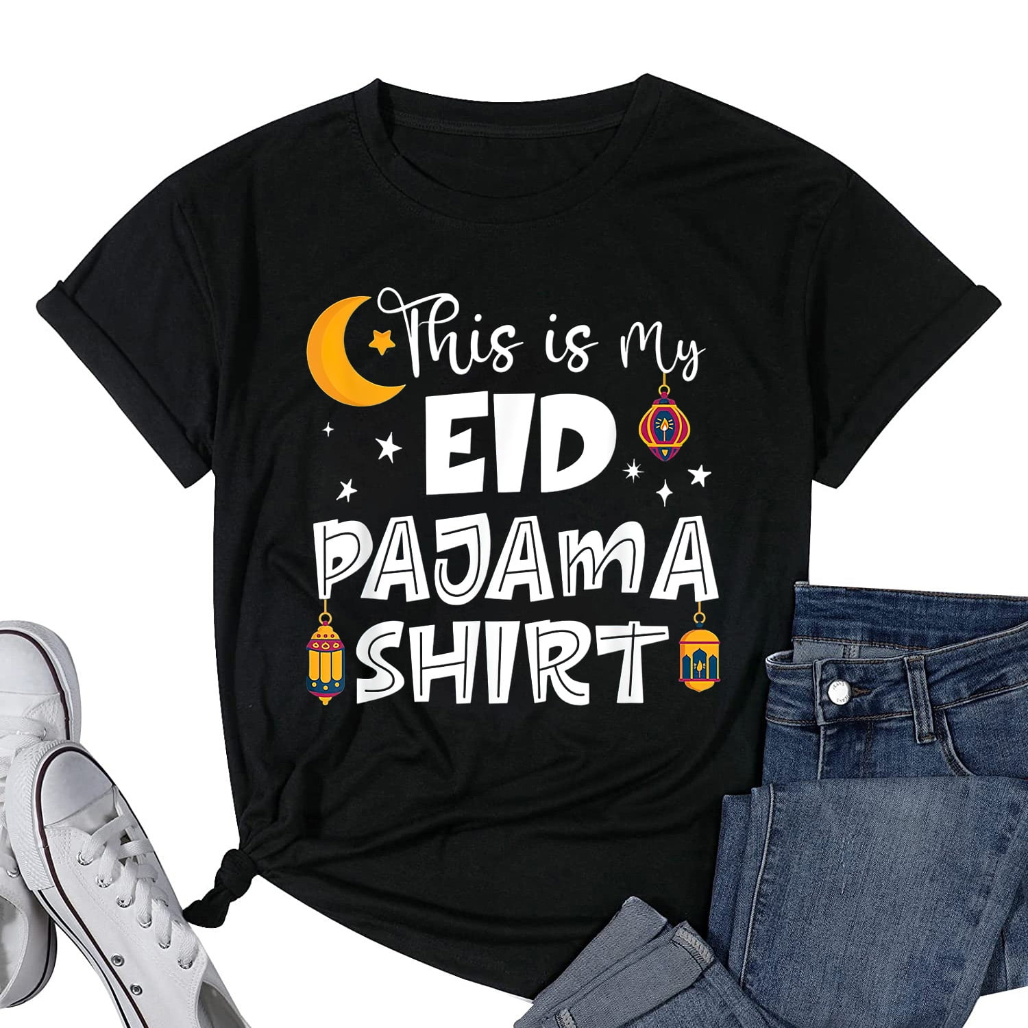 Womens Happy Eid Mubarak Shirt Eid Adha Muslims T-Shirt Black Large ...