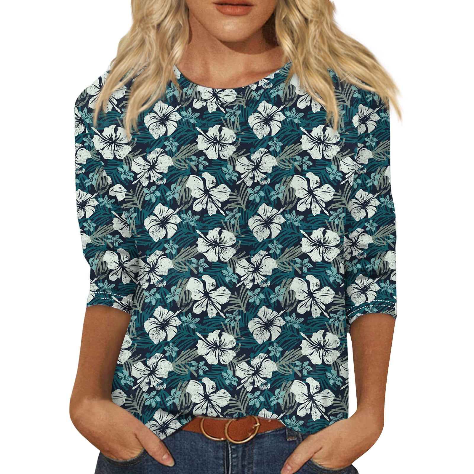 Womens Hawaiian Fashion Tropical Tops 3/4 Sleeve Crewneck Cute Shirts ...
