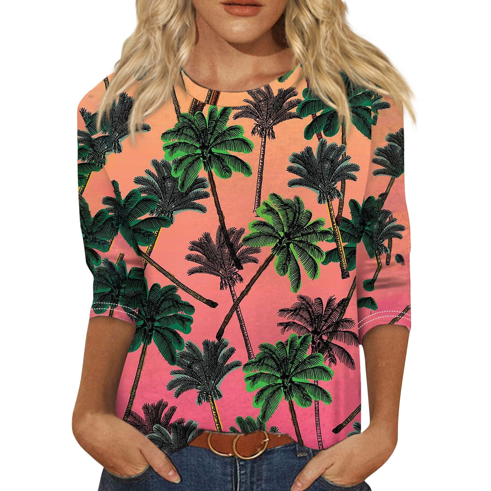 Womens Hawaiian Tops Casual 3/4 Length Sleeve Crewneck Tropical Shirts ...