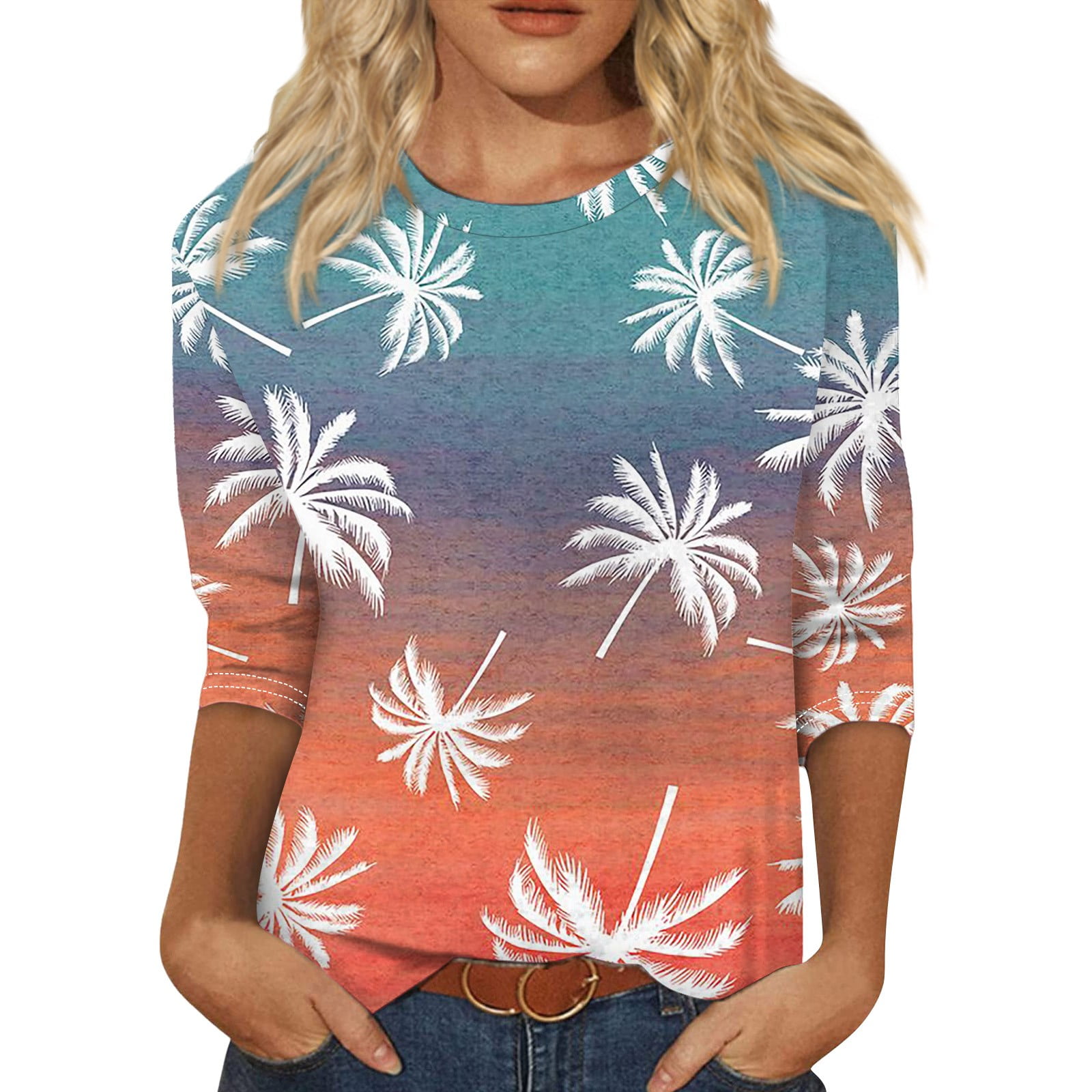Womens Hawaiianan Tops 3/4 Sleeve Crewneck Cute Shirts Casual Tropical ...
