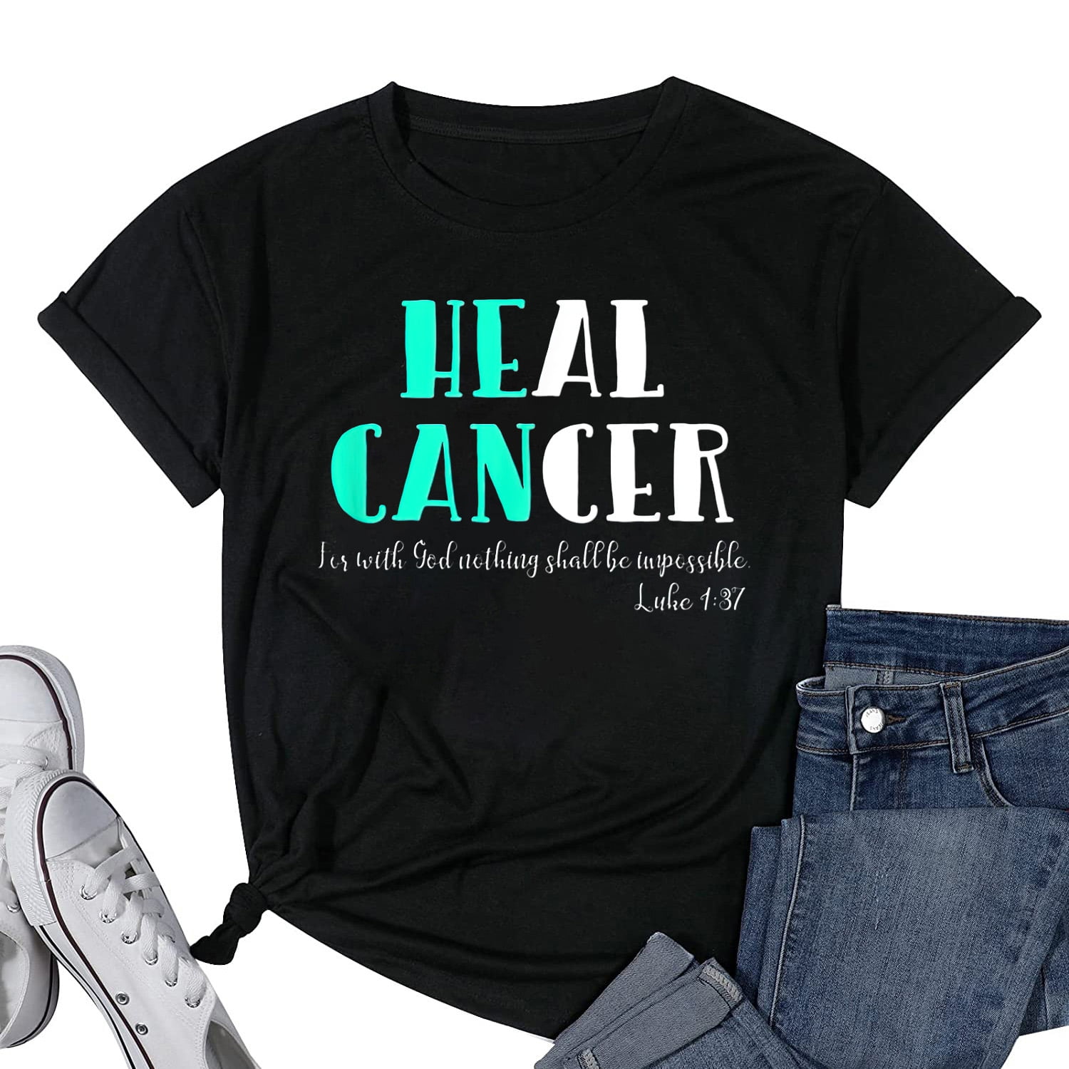 Womens He Can Heal Cancer | God Heals Luke 1:37 Bible Verse T-Shirt ...