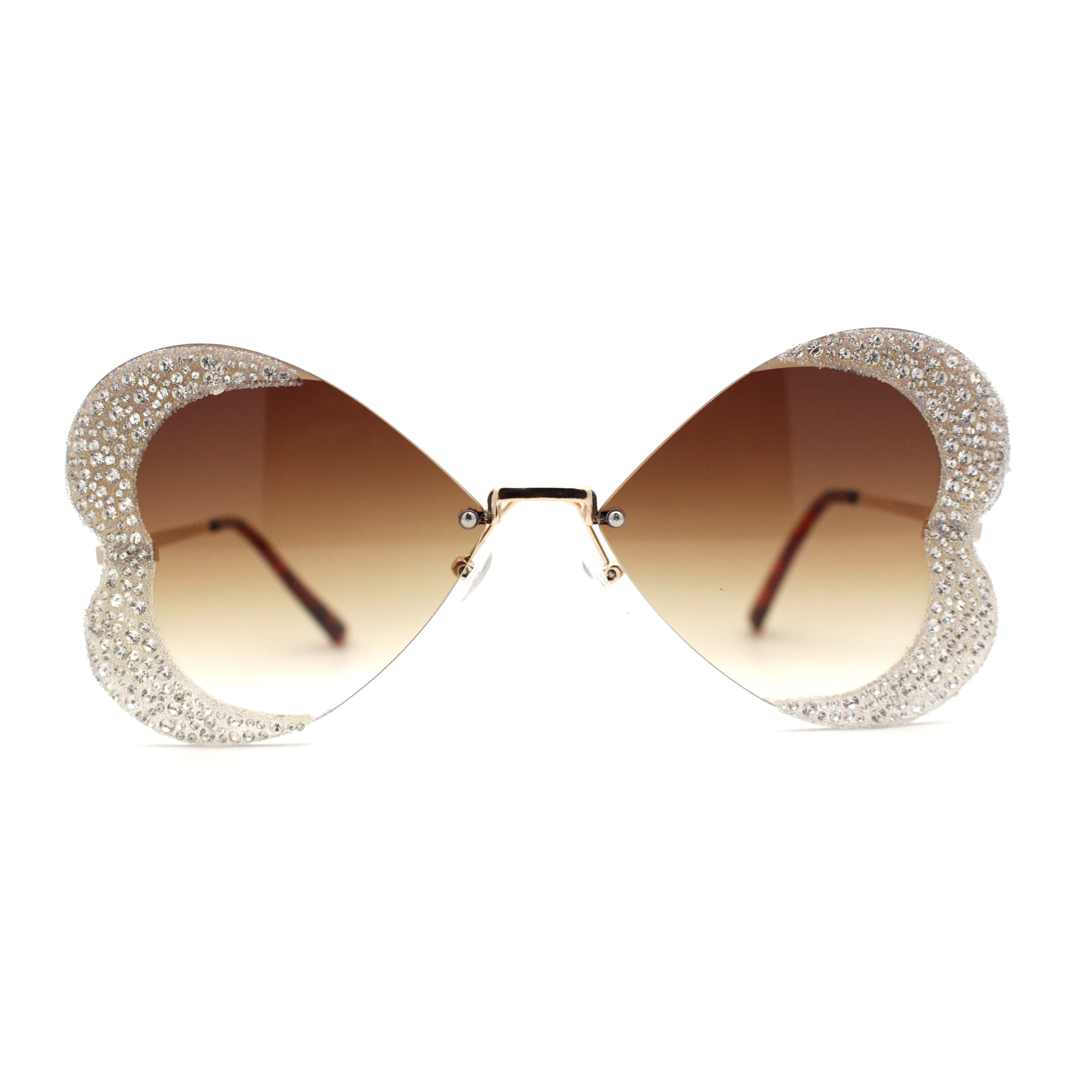 Womens Heavy Sparkle Rhinestone Heart Butterfly Rimless Sunglasses Gold ...
