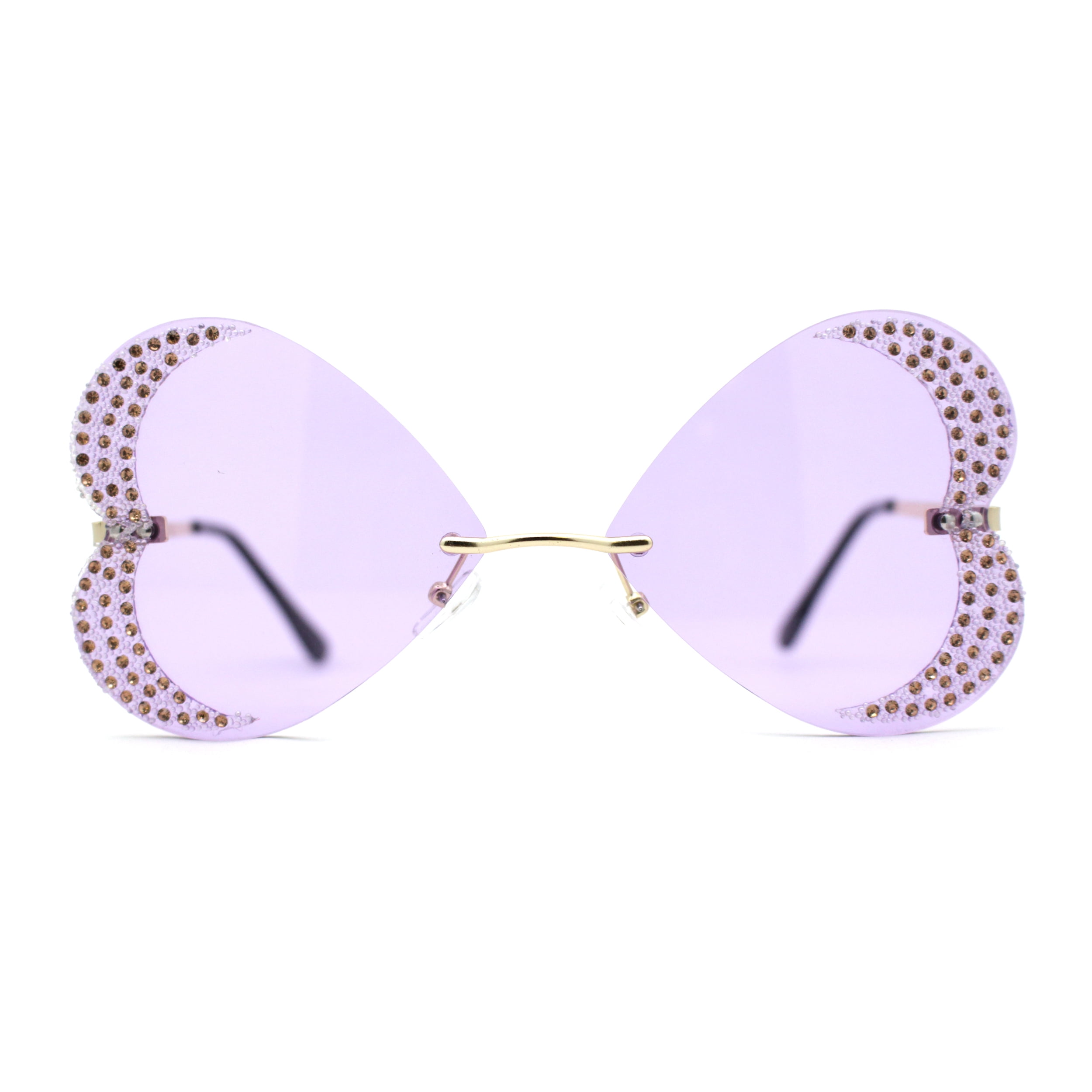 Womens Heavy Sparkle Rhinestone Heart Butterfly Rimless Sunglasses Gold ...