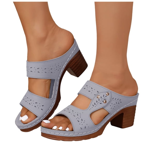 Womens Heeled Sandals Boho Hollowout Open Toe Slides Slip on Backless ...