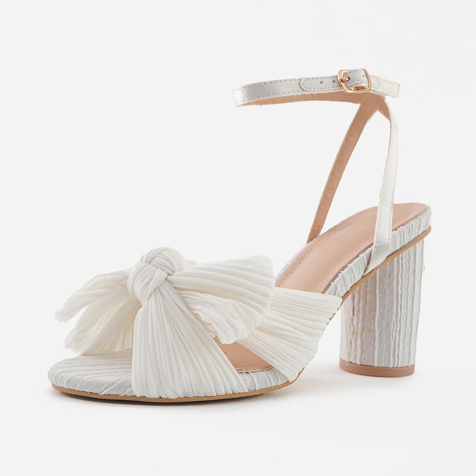 Womens Heeled Sandals Pleated Bow Knot Ankle Strap Open Toe High Block