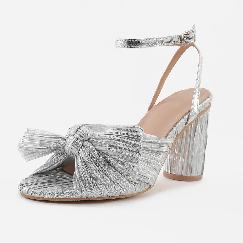 Womens Heeled Sandals Pleated Bow Knot Ankle Strap Open Toe High Block