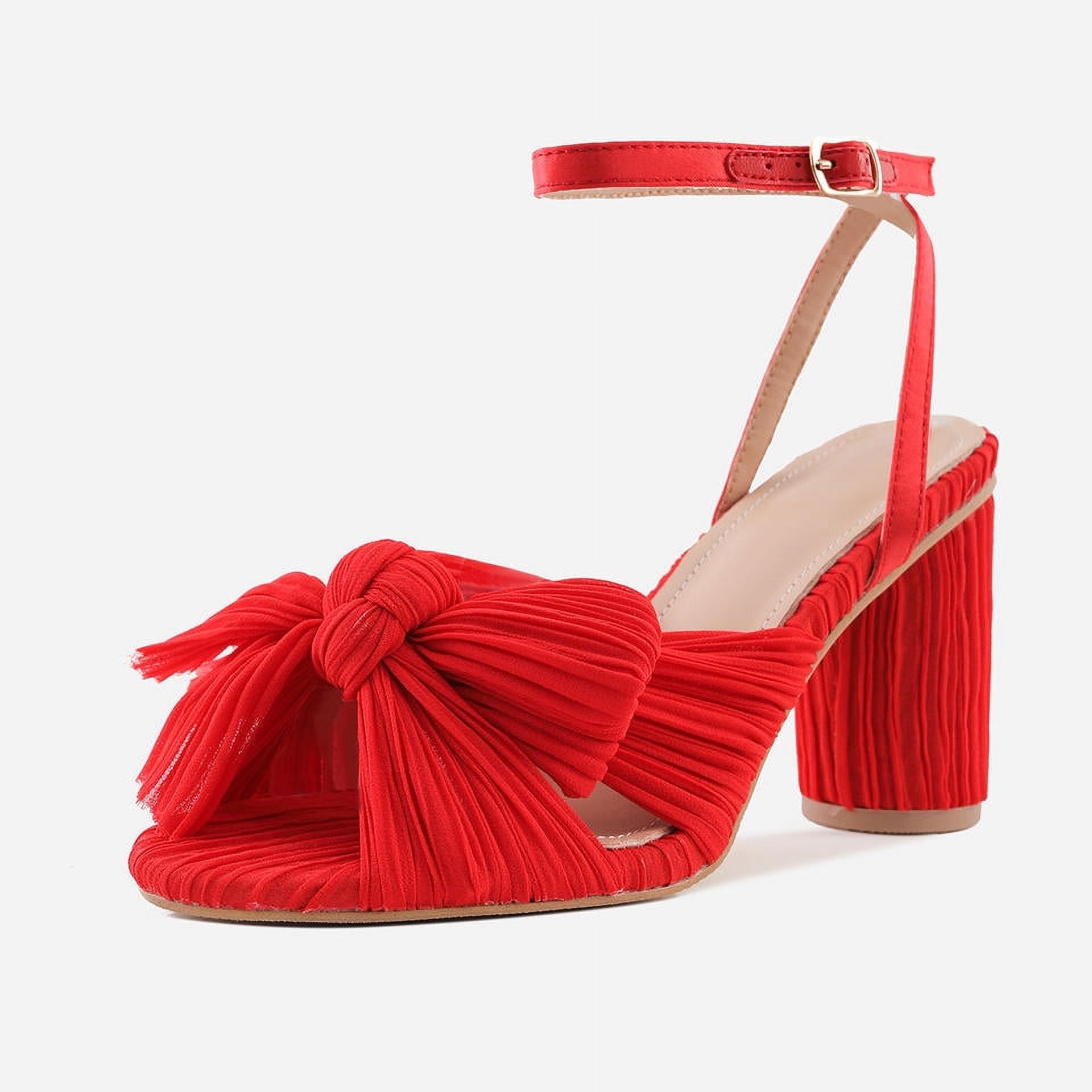 Womens Heeled Sandals Pleated Bow Knot Ankle Strap Open Toe High Block ...