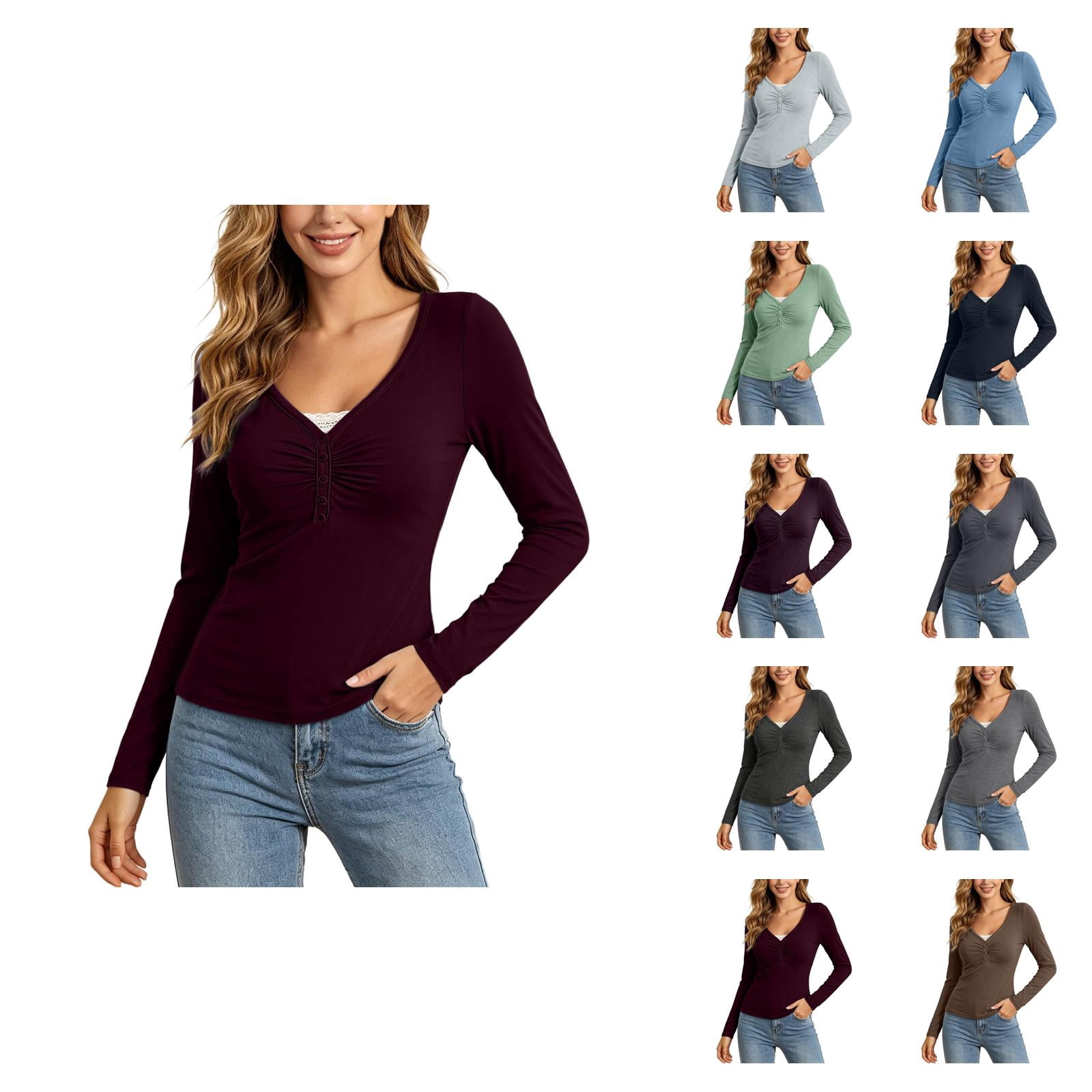 Womens Henley Tops Long Sleeve Spring Fall V Neck Pleated Front Low Cut ...
