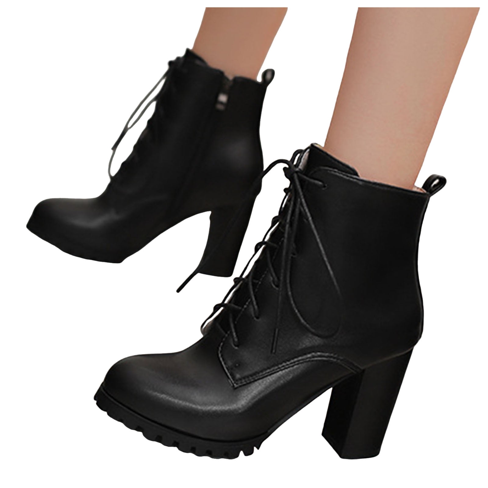 Womens High Heels Combat Boots 2025 Fashion Black Leather Pointed Toe ...