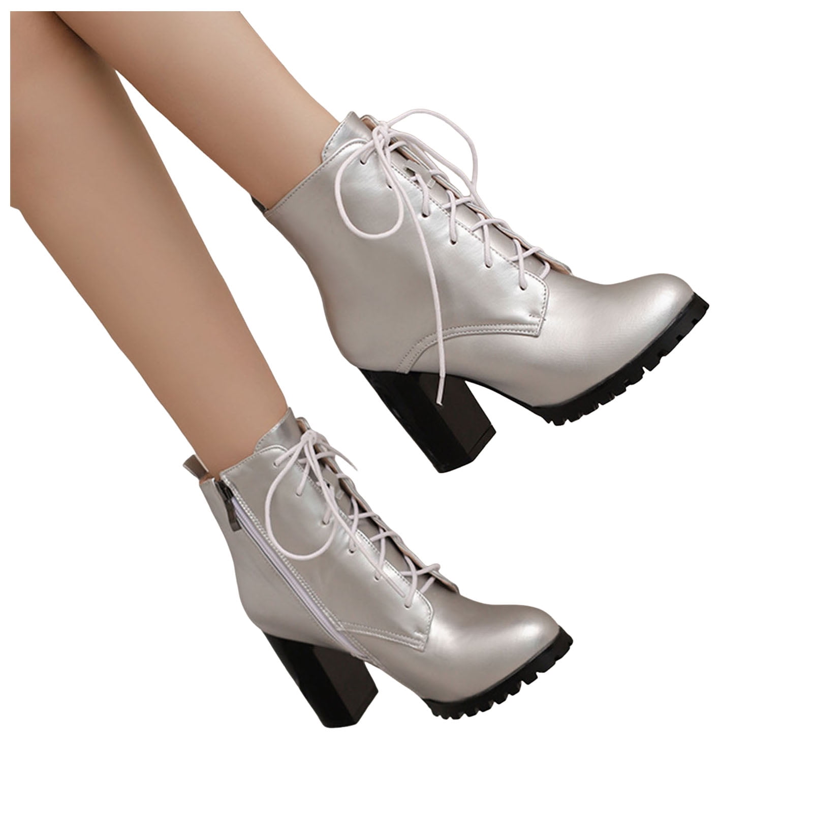 Womens High Heels Combat Boots 2025 Fashion Silver Leather Pointed Toe ...