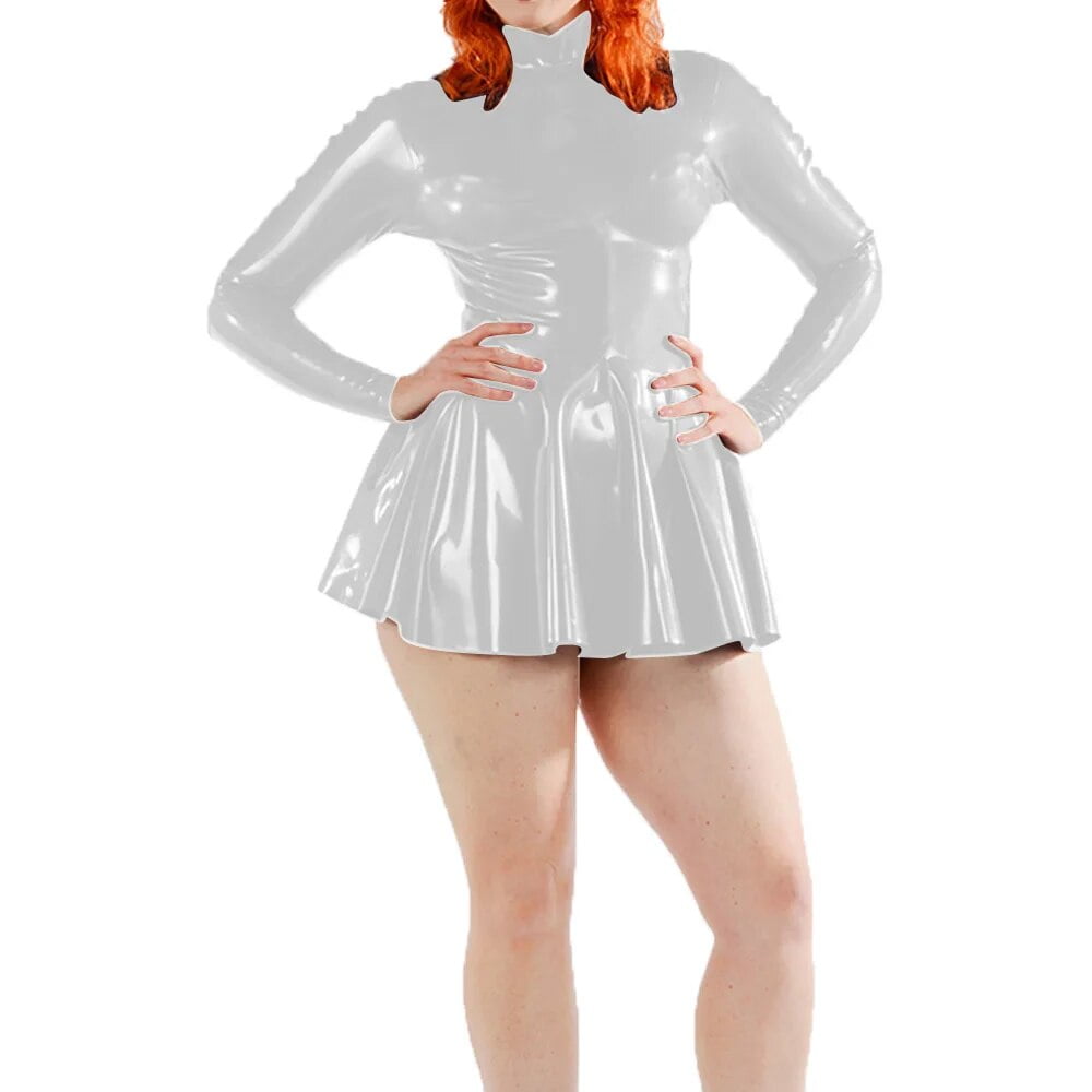 Womens High Neck Long Sleeve PVC Faux Leather Mini Dress Sexy Highs ...