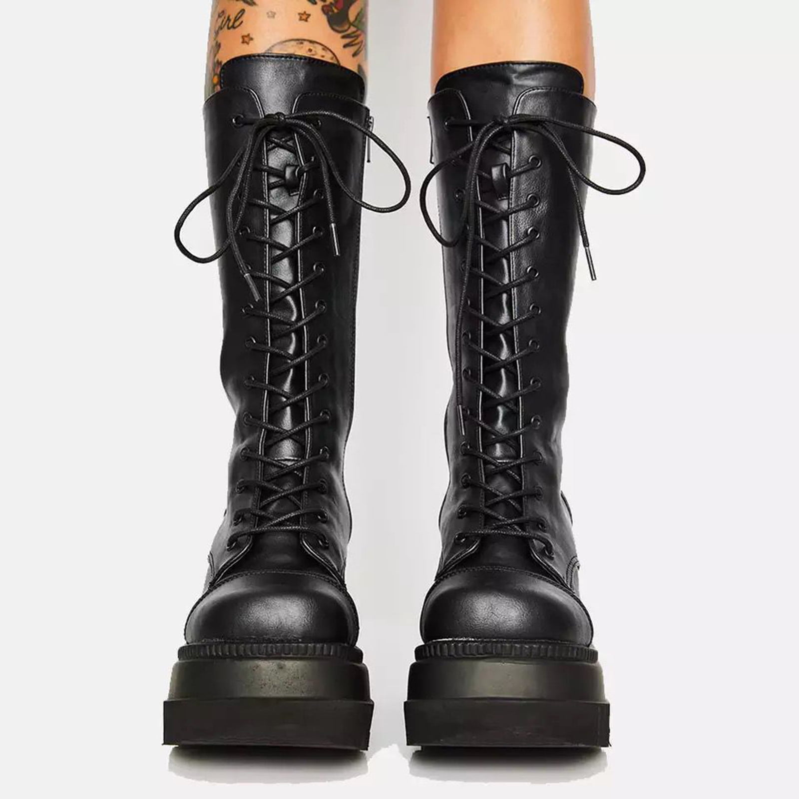 Womens High Platforms Boots Mid Calf Wedges Chunky Sole Lace Up Zipper ...