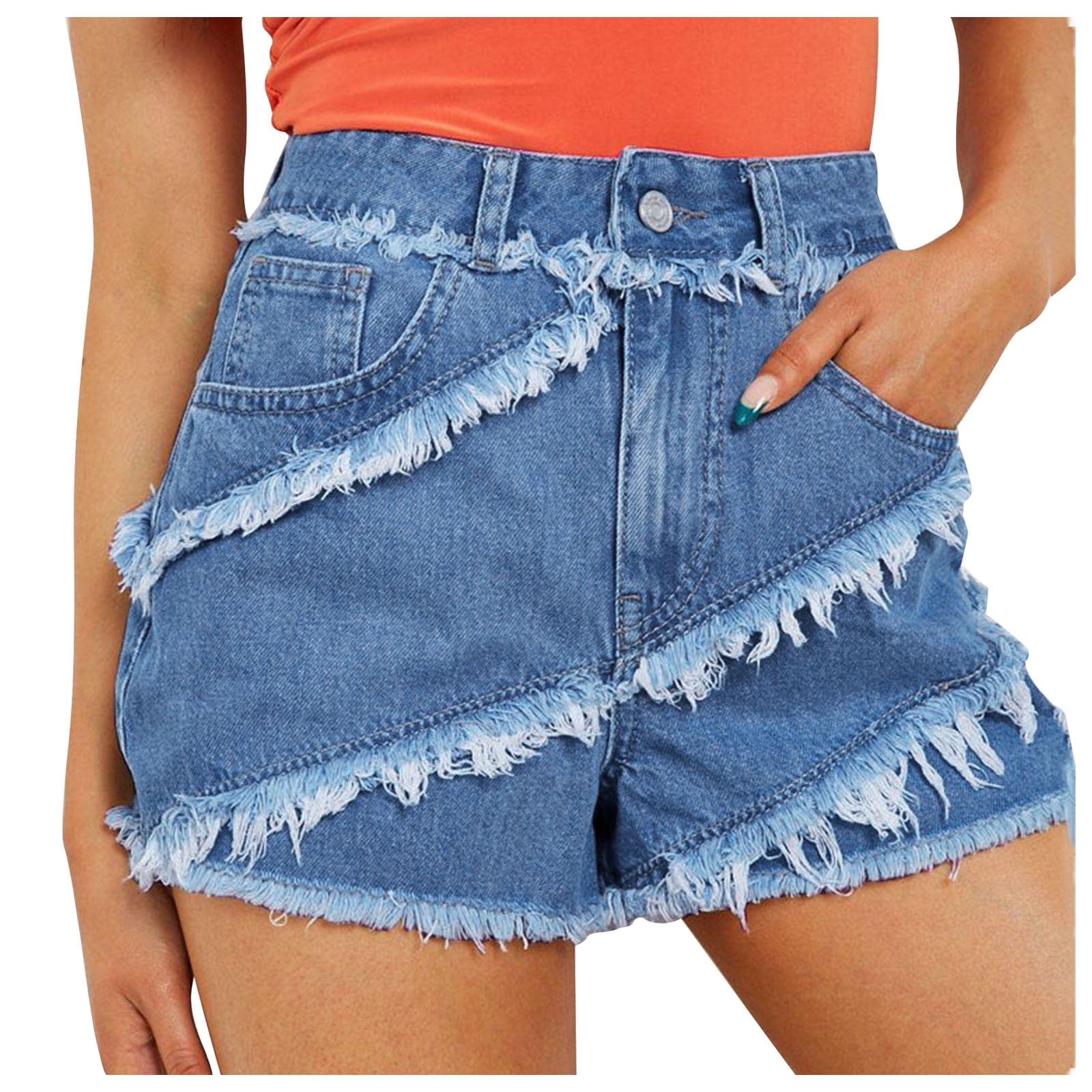 Womens High Waist Denim Shorts Casual Raw Edge Tassel Patchwork ...