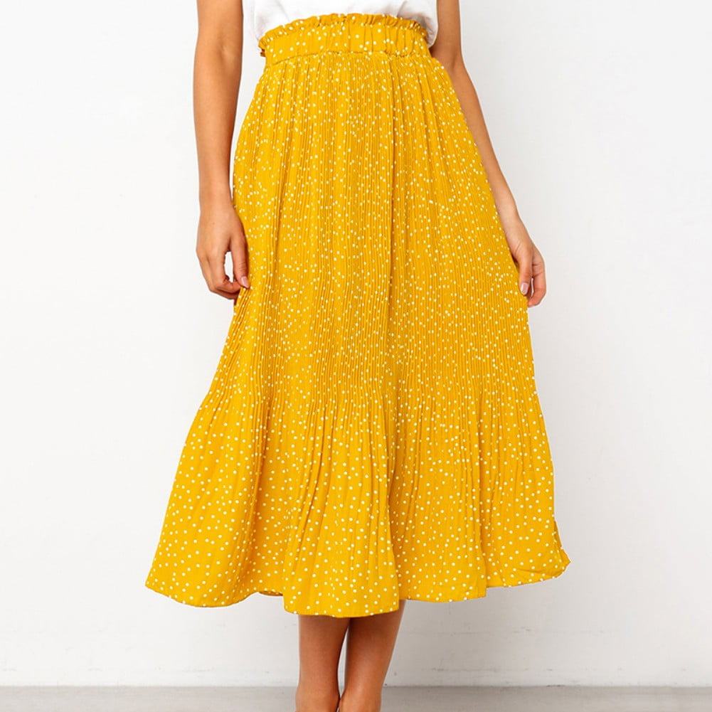 Womens High Waist Polka Dot Pleated Skirt, Midi Swing Skirt with ...