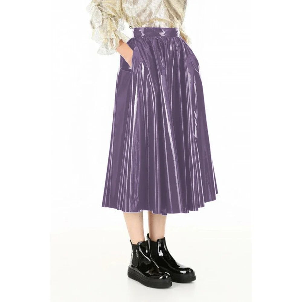 Womens High Waist Solid Color PVC Shiny Midi Skirts High Street Glossy ...