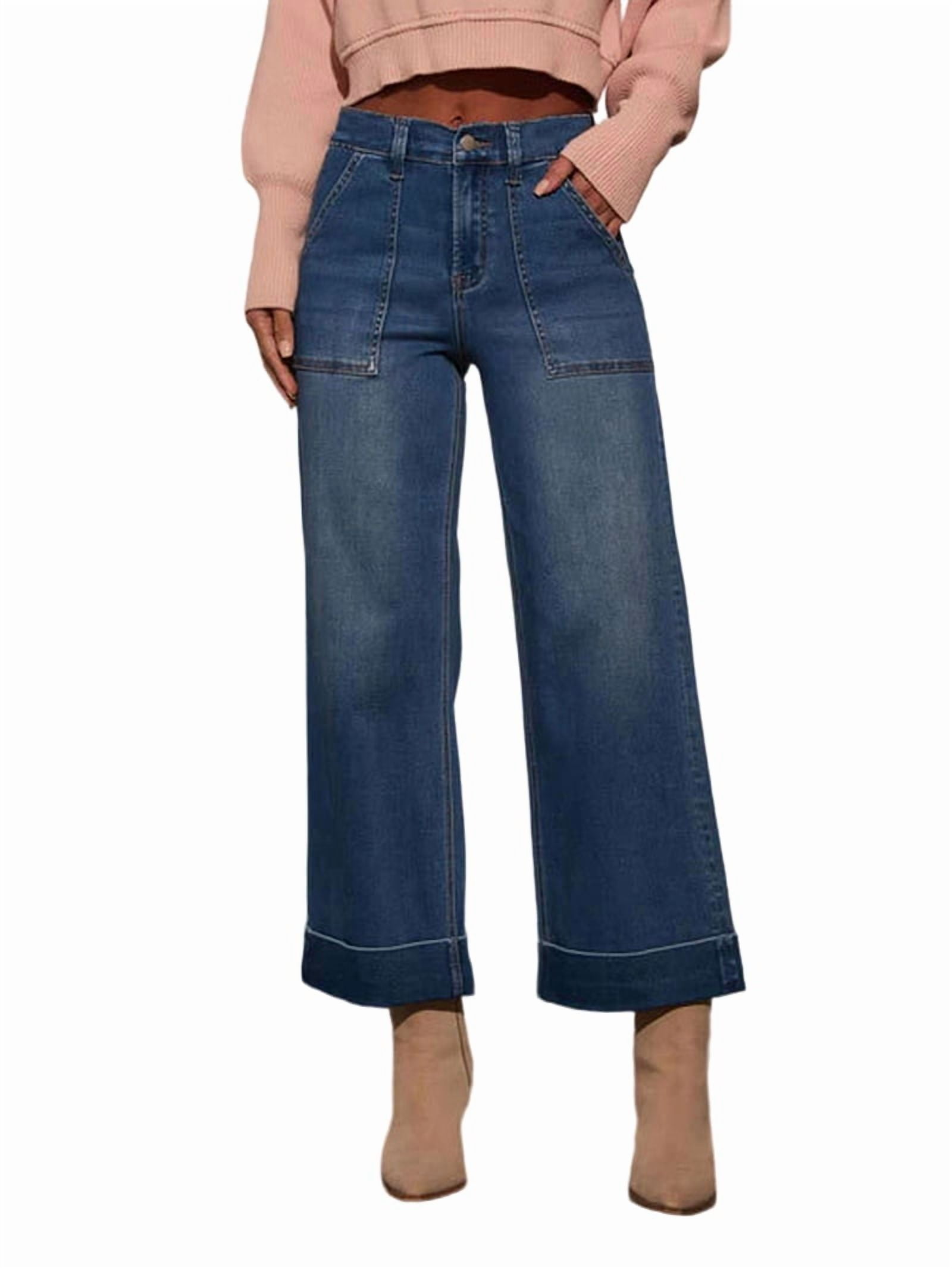 Womens High Waist Wide Leg Jeans Trendy Cropped Denim Pants Solid Ankle ...
