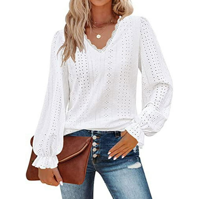 Womens Hollow Out Fall Tops V Neck Long Sleeve Blouses Ruffle Sleeve ...