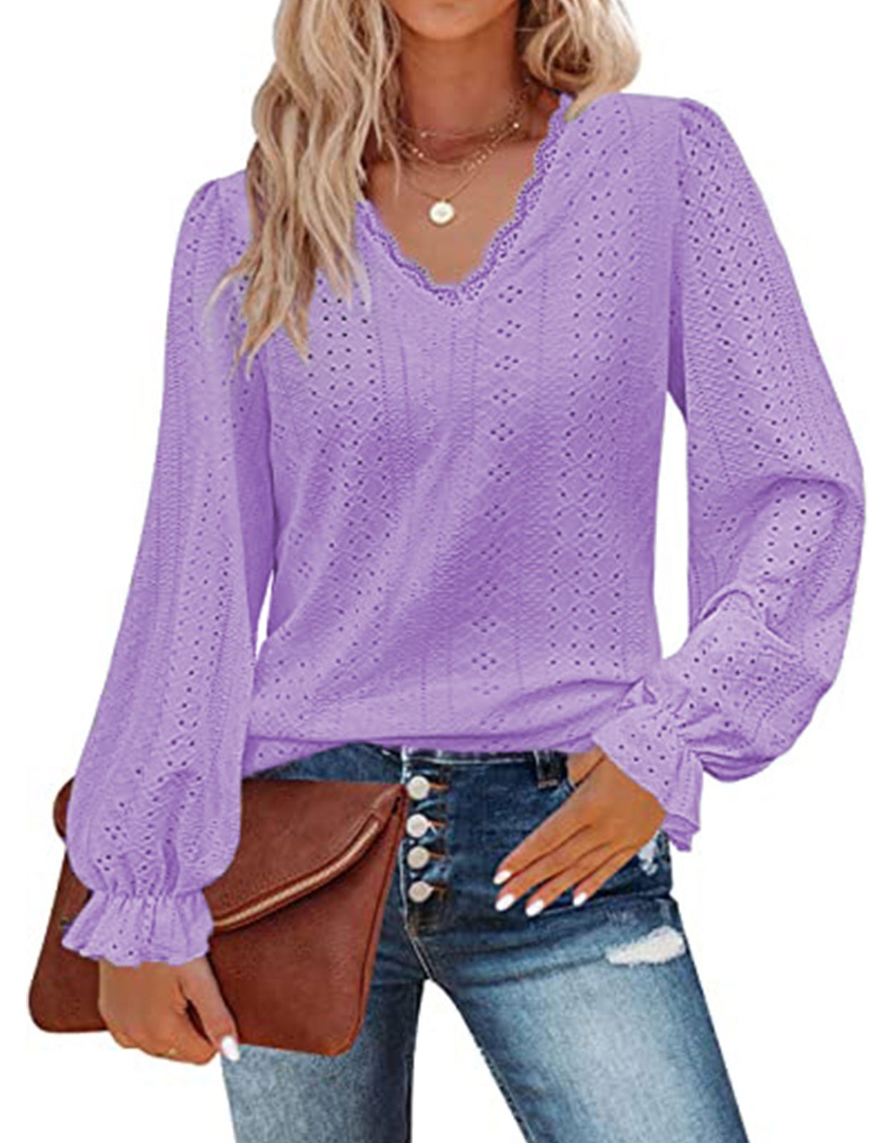 Womens Hollow Out Fall Tops V Neck Long Sleeve Blouses Ruffle Sleeve ...