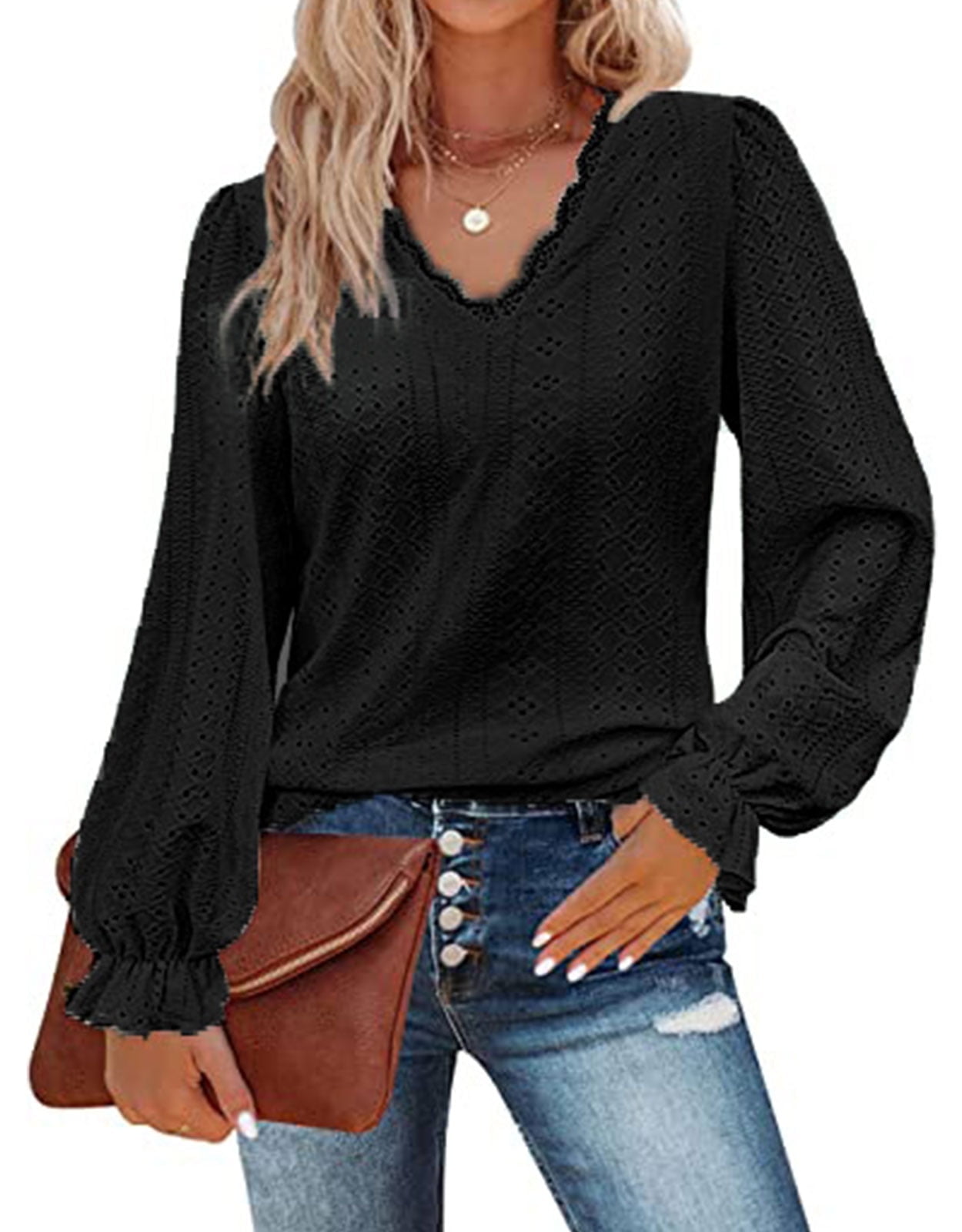 Womens Hollow Out Fall Tops V Neck Long Sleeve Blouses Ruffle Sleeve ...
