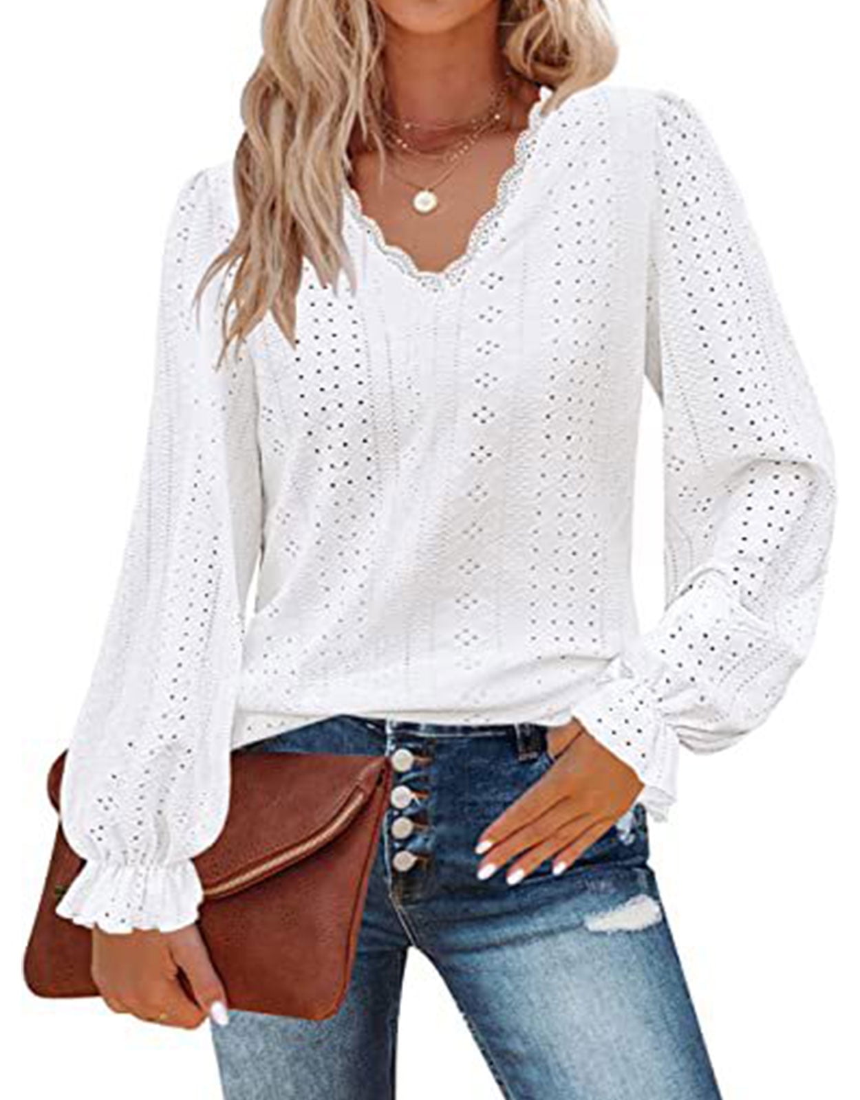 Cogild Women's V-Neck Hollow Out Top with Ruffled Long Sleeves and Lace ...