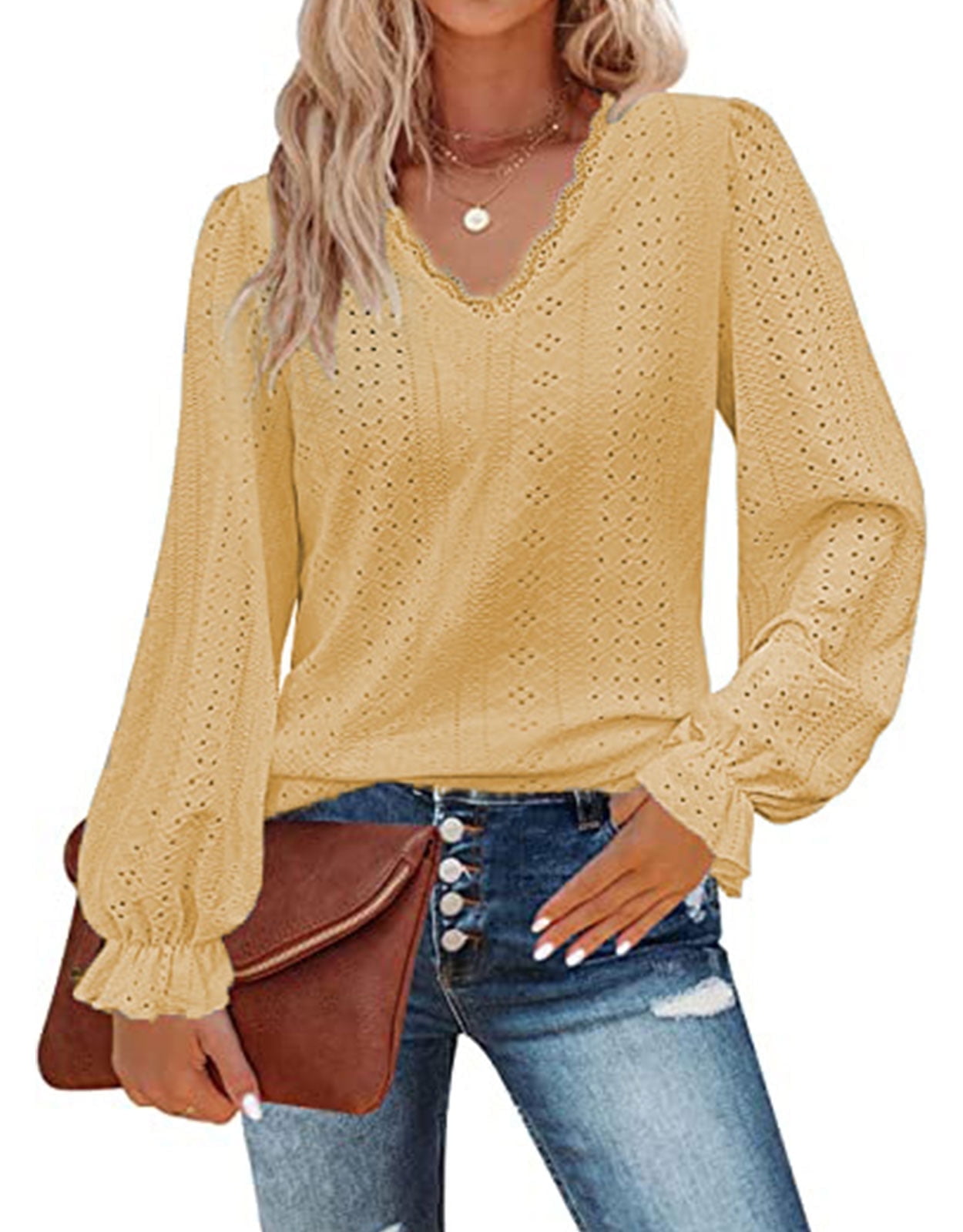 Womens Hollow Out Fall Tops V Neck Long Sleeve Blouses Ruffle Sleeve ...