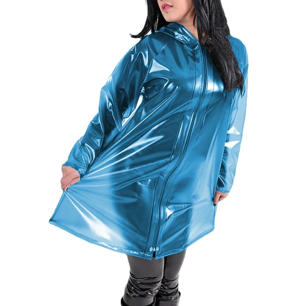 Womens Hooded Long Sleeve Jackets Punk Zipper Clear PVC Long Coats See ...