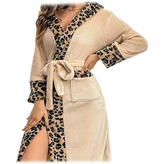 Womens Hooded Plush Bathrobe Leopard Print, Flannel House Robe, Long ...