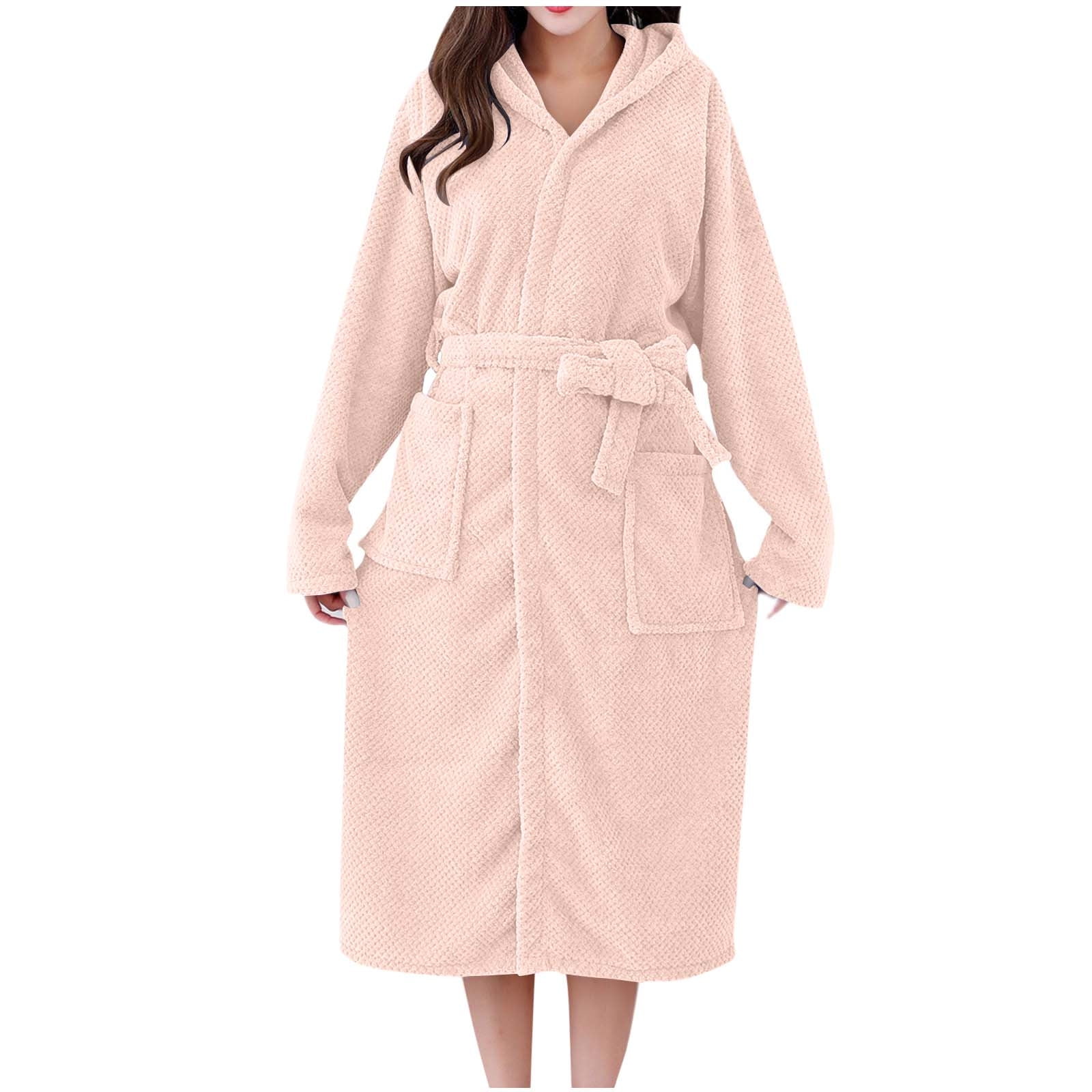 Womens Hooded Robes Terry Cloth Bathrobe Soft Fleece Plush Long Sleeve ...