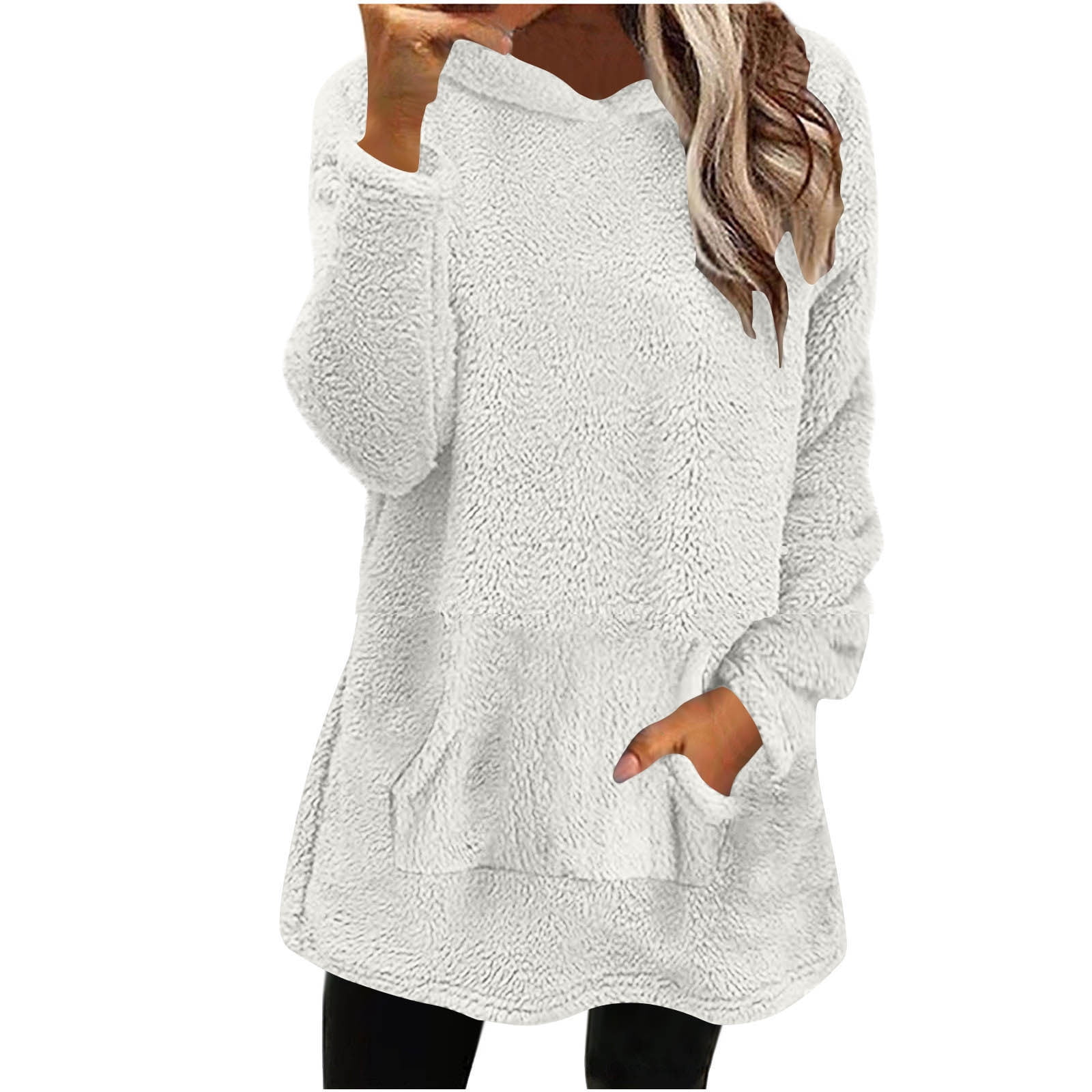 Womens Hooded Sherpa Fleece Tunic Tops Hoodie with Pocket Loose Casual ...