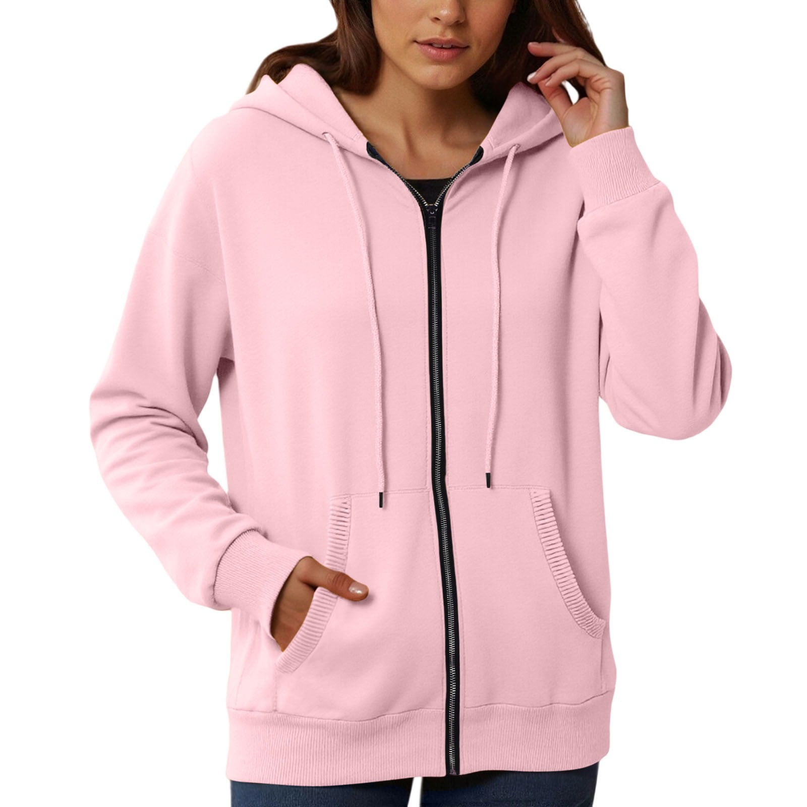Womens Hoodies Basic Slim Full Zipper Solid Color Hooded With ...