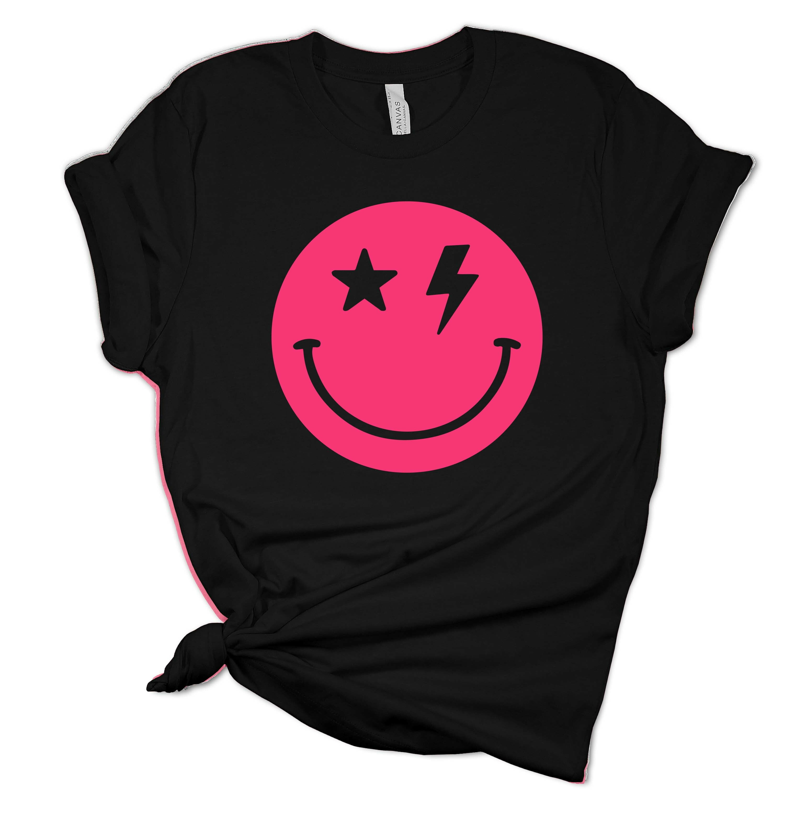 Womens Hot Pink Happy Face Smile With Lightning Eyes Unisex Fit Short ...