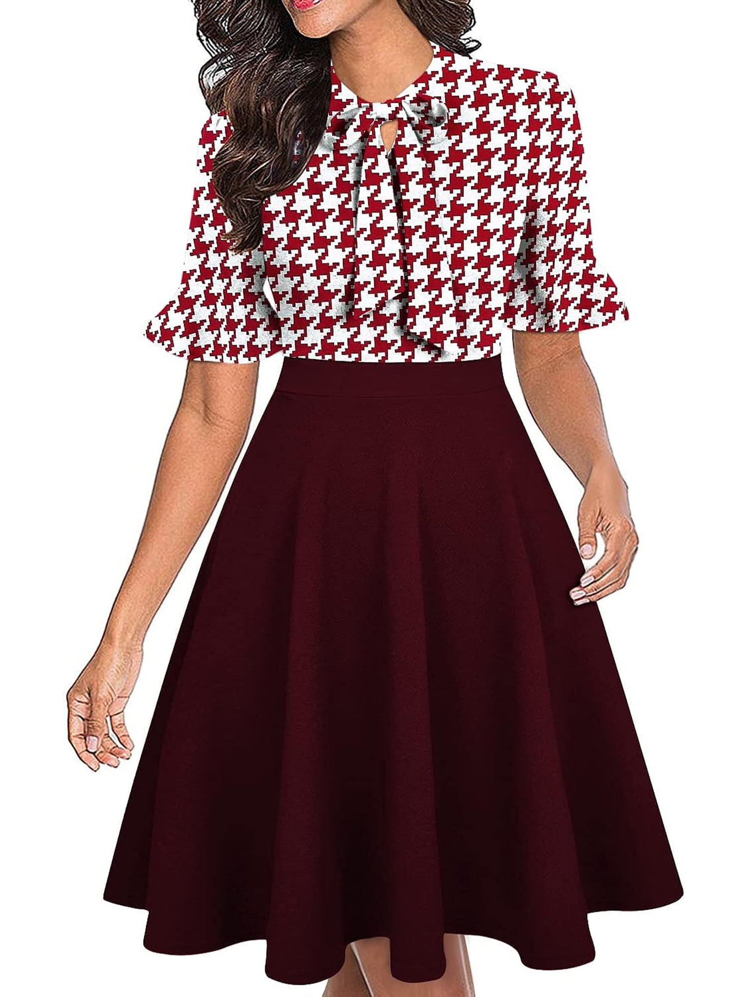 Womens Houndstooth Dress 2024 Summer Pretty Ruffle Short Sleeve Flowy ...